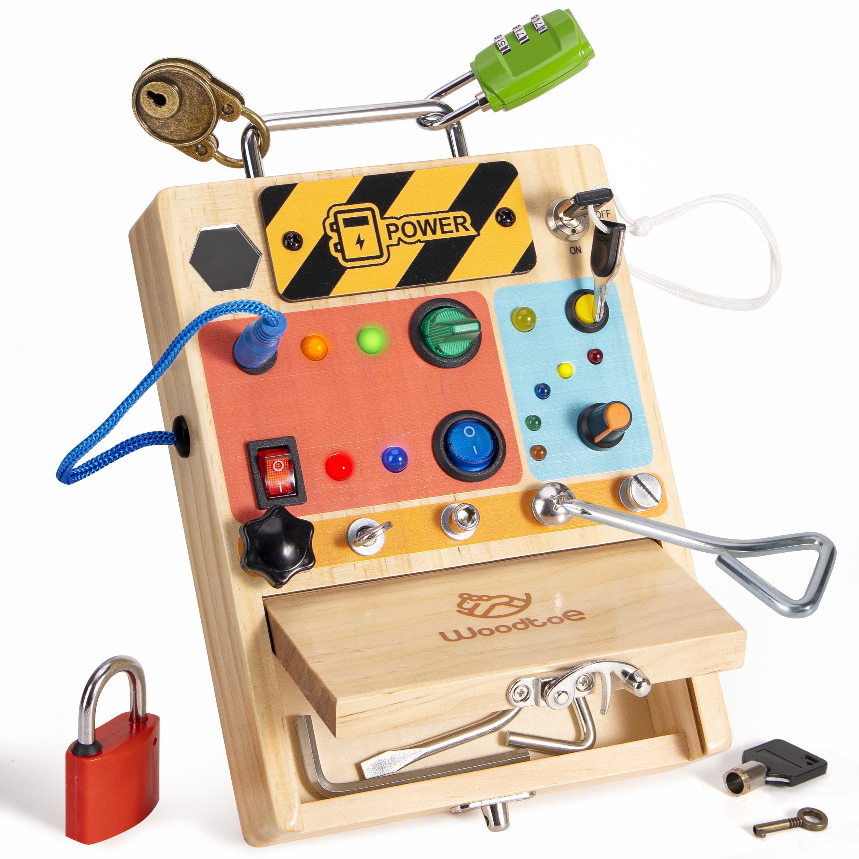 Woodtoe 3-in-1 Busy Board with Led Light Switch, Montessori Toddler ...