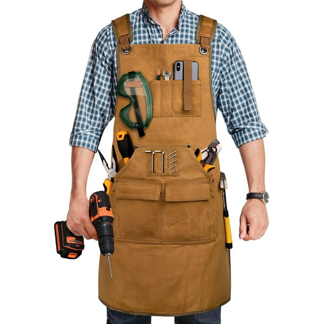 Woodworking Apron for Men 20 oz Work Apron for Men with 9 Tool Pockets, Heavy Duty Waxed Canvas ...