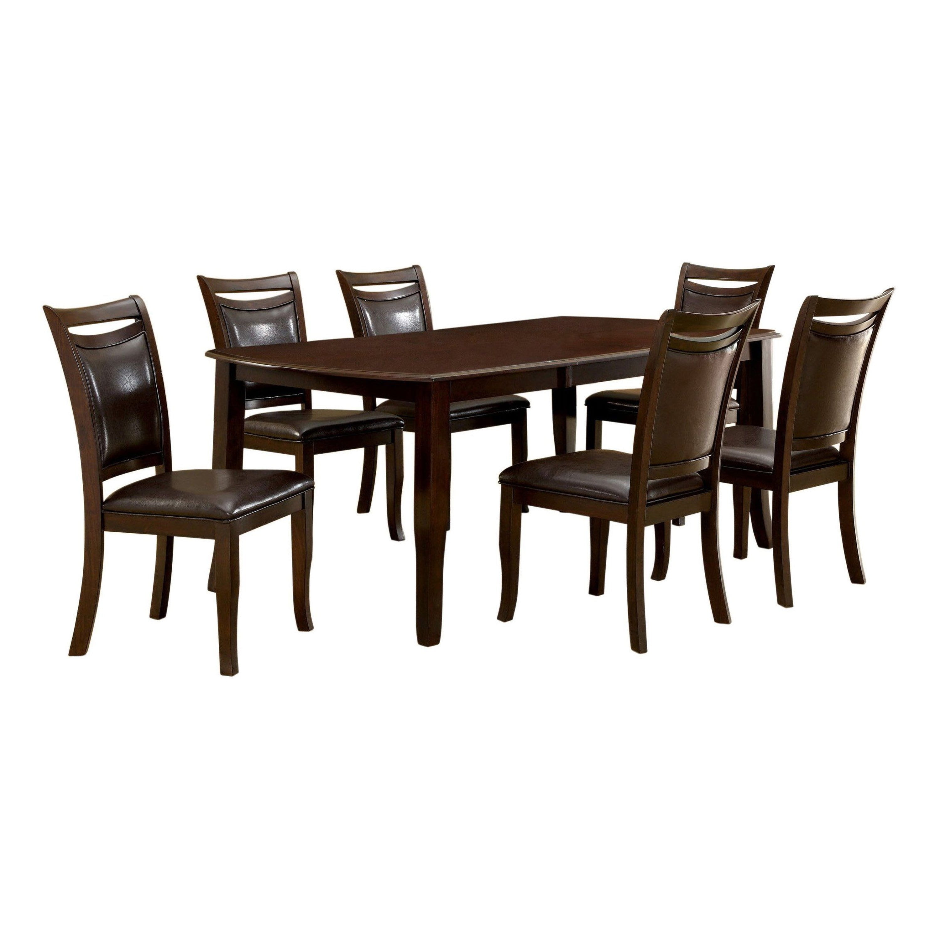 Woody 7pc Dining Table Set, 18-Inch Leaf, Espresso Faux Leather Chairs ...