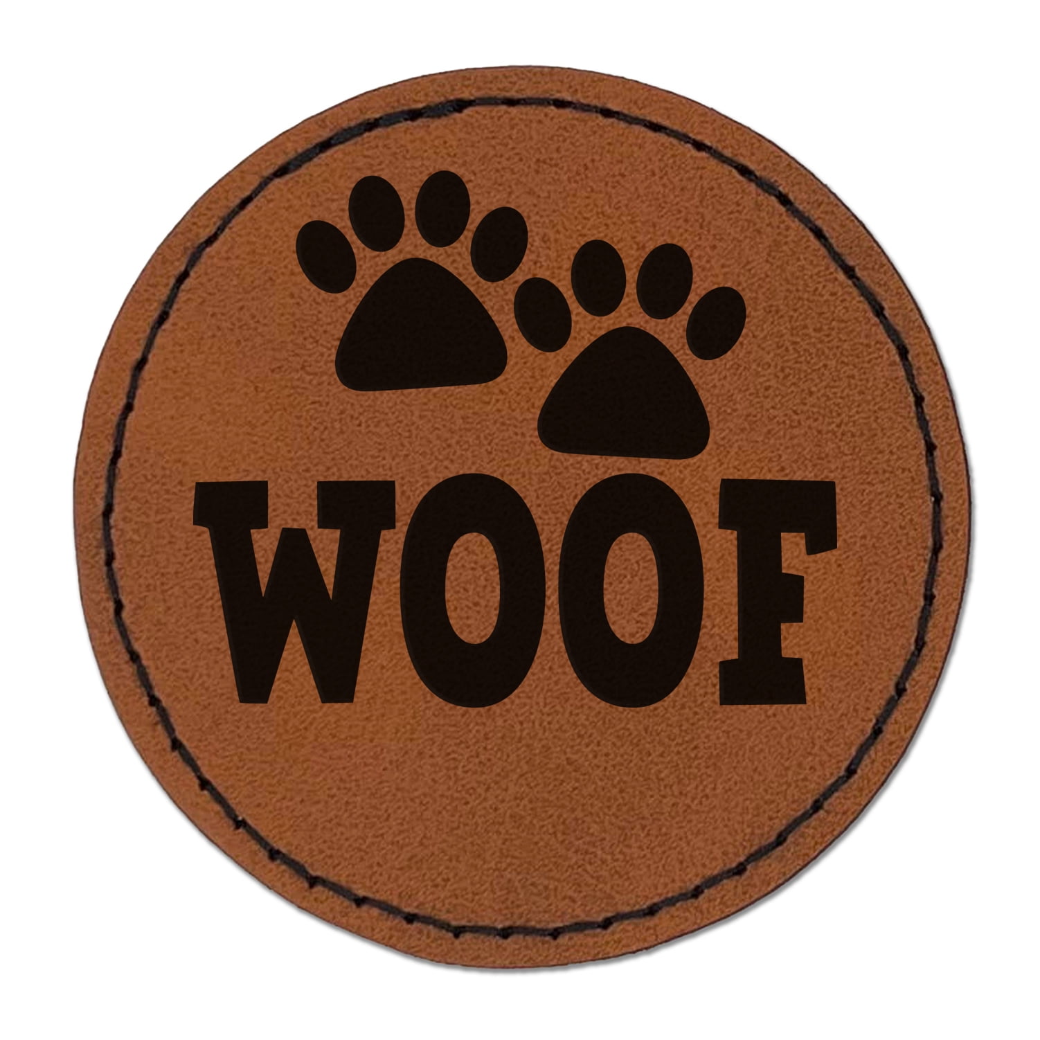 Woof Dog Paw Prints Fun Text 2.5" Faux Leather Round Engraved Iron-On ...