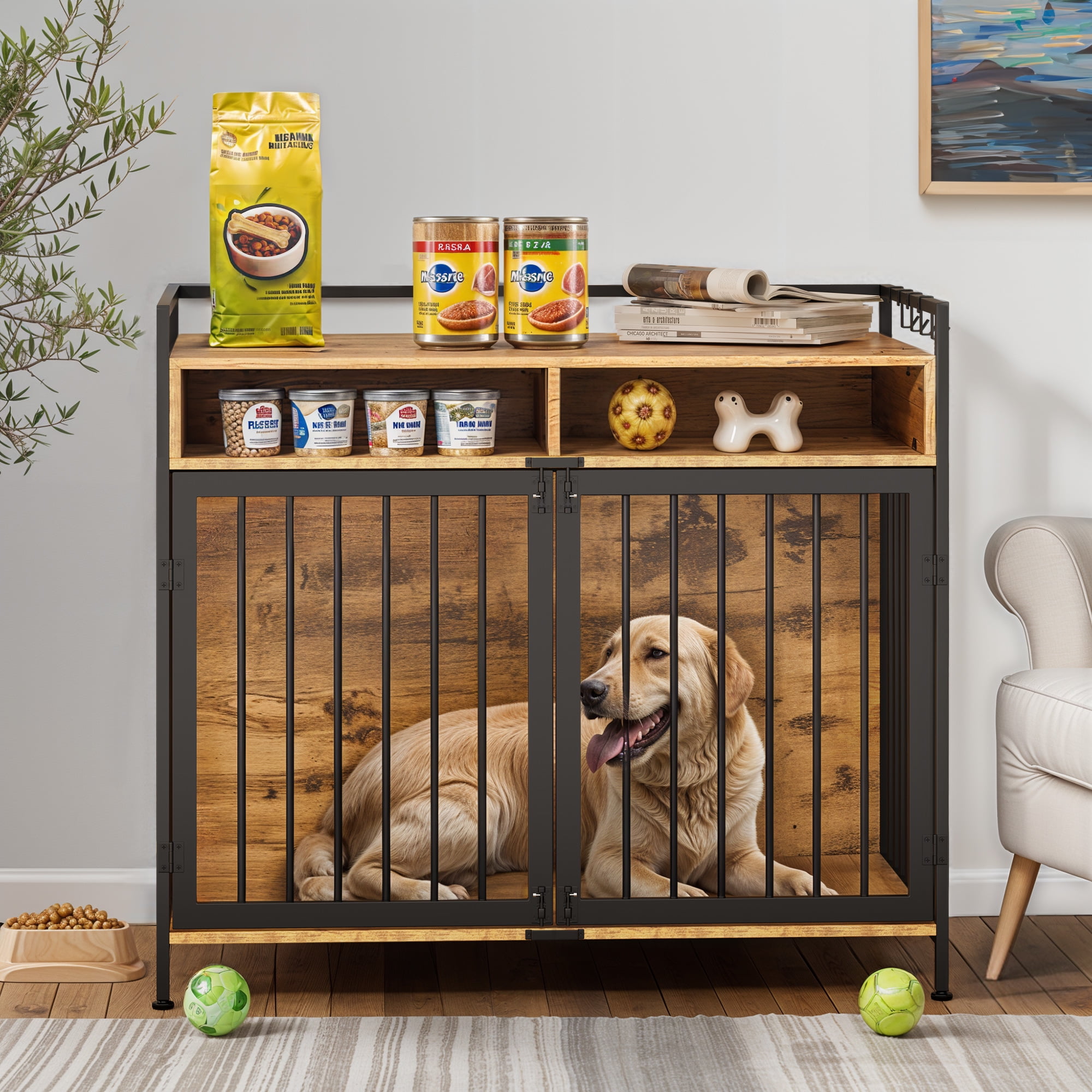 Wooflex 2-in-1 Dog Kennel Furniture, Rustic Brown, 41" Heavy Duty Dog ...
