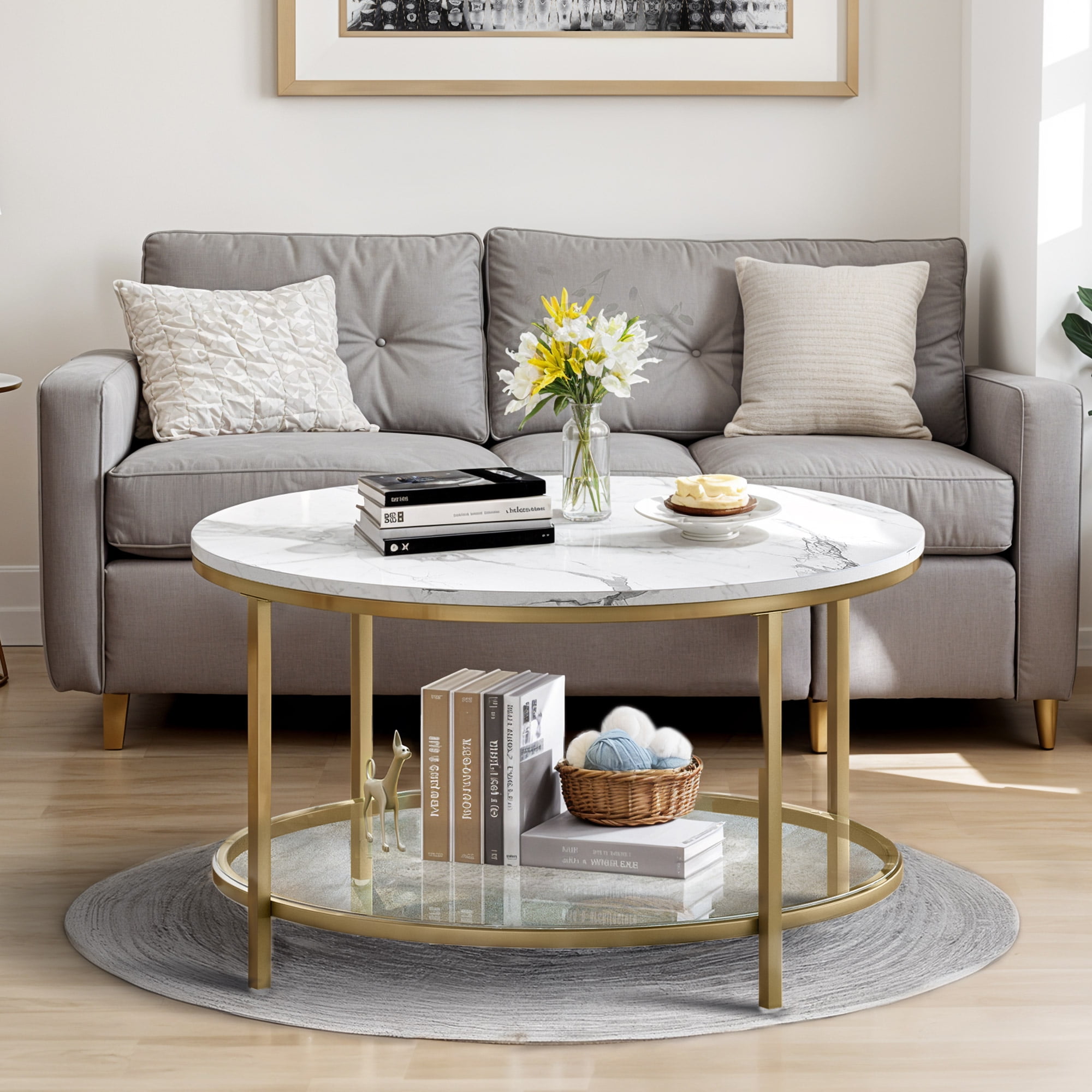 Wooflex 31" Round Faux Marble Coffee Table with Shelf, 2-Tier Center ...