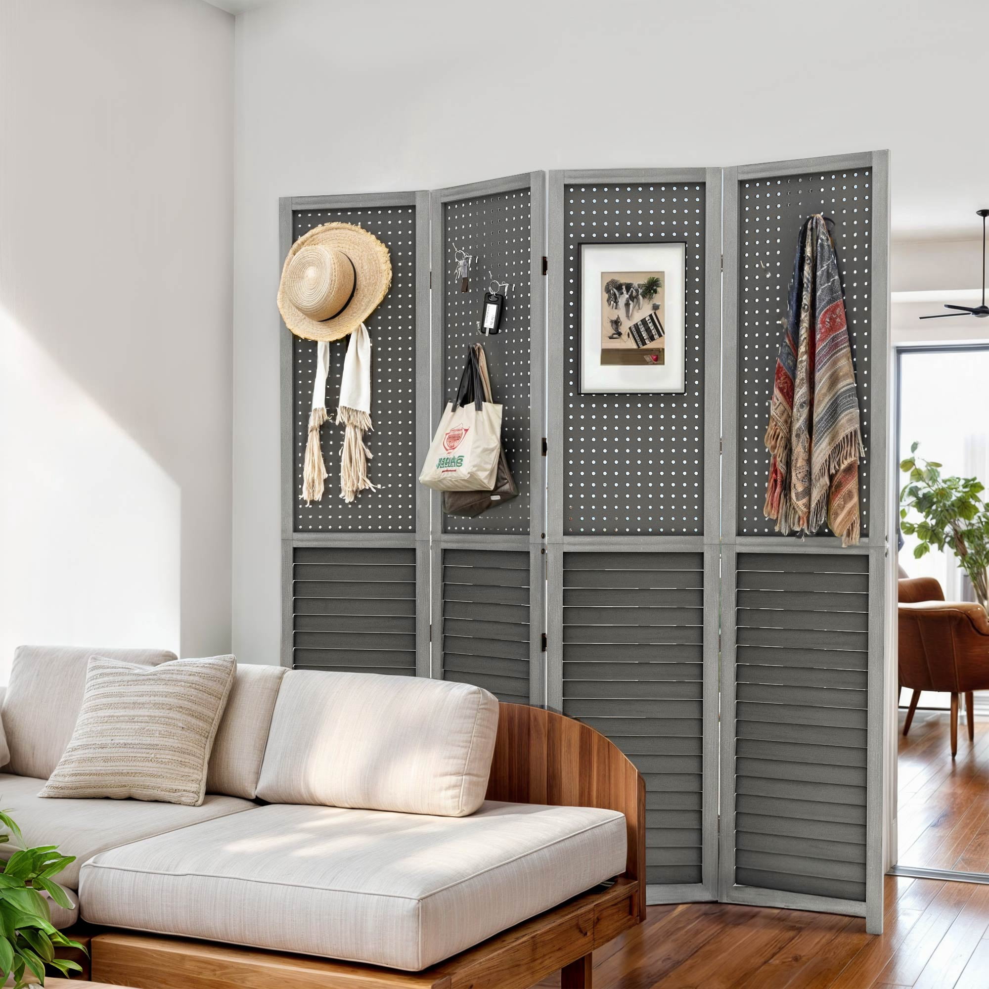 Wooflex 5.57 Ft Room Divider with 4 Folding Panels, 8 Hooks, Pegboard ...