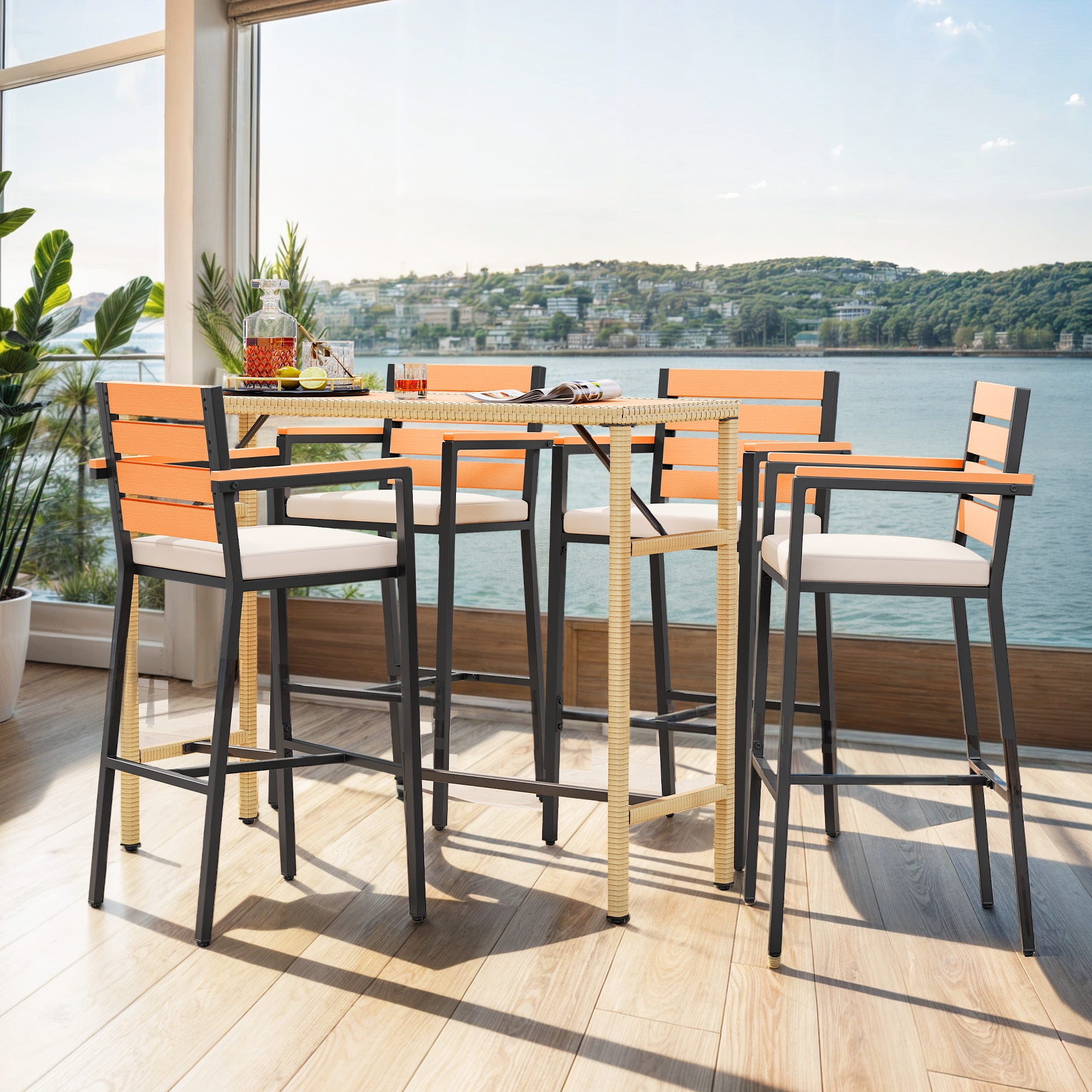 Wooflex 5-Piece Outdoor Indoor Rattan Patio Bar Table Set, Wicker Bar ...