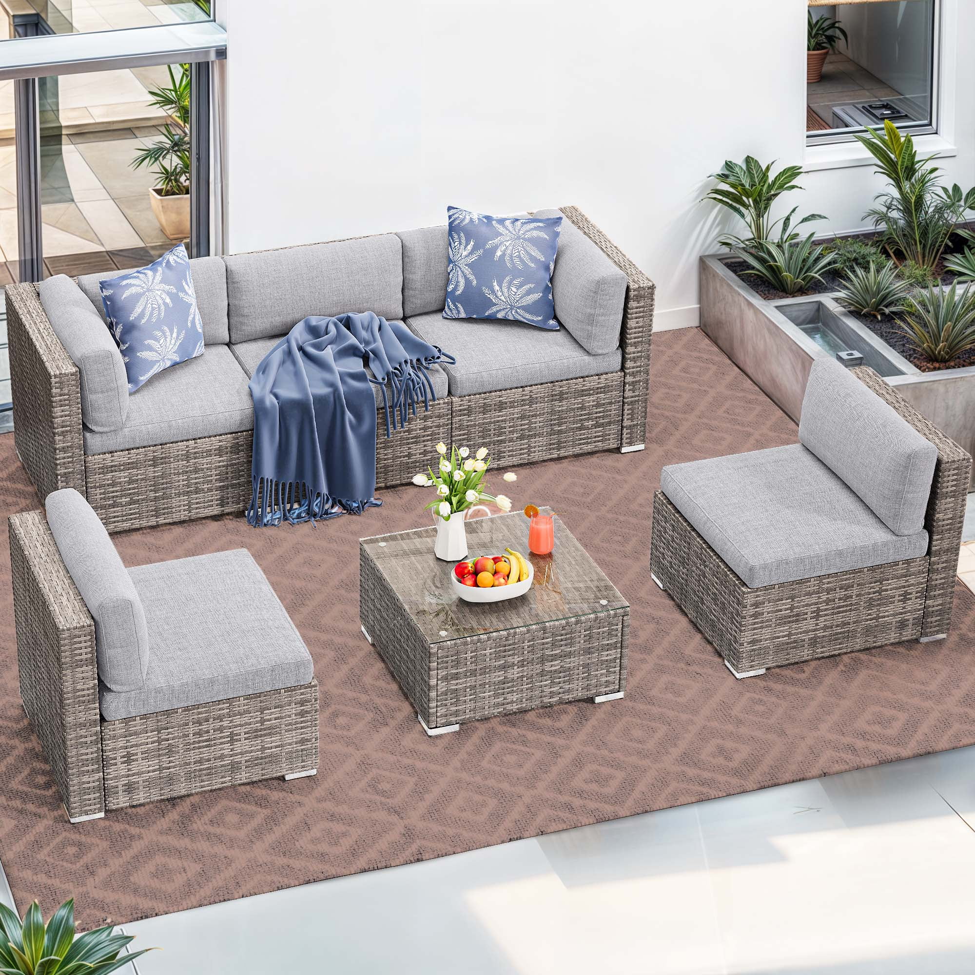 Wooflex 6-Piece Outdoor Indoor Patio Furniture Wicker Sectional Sofa ...