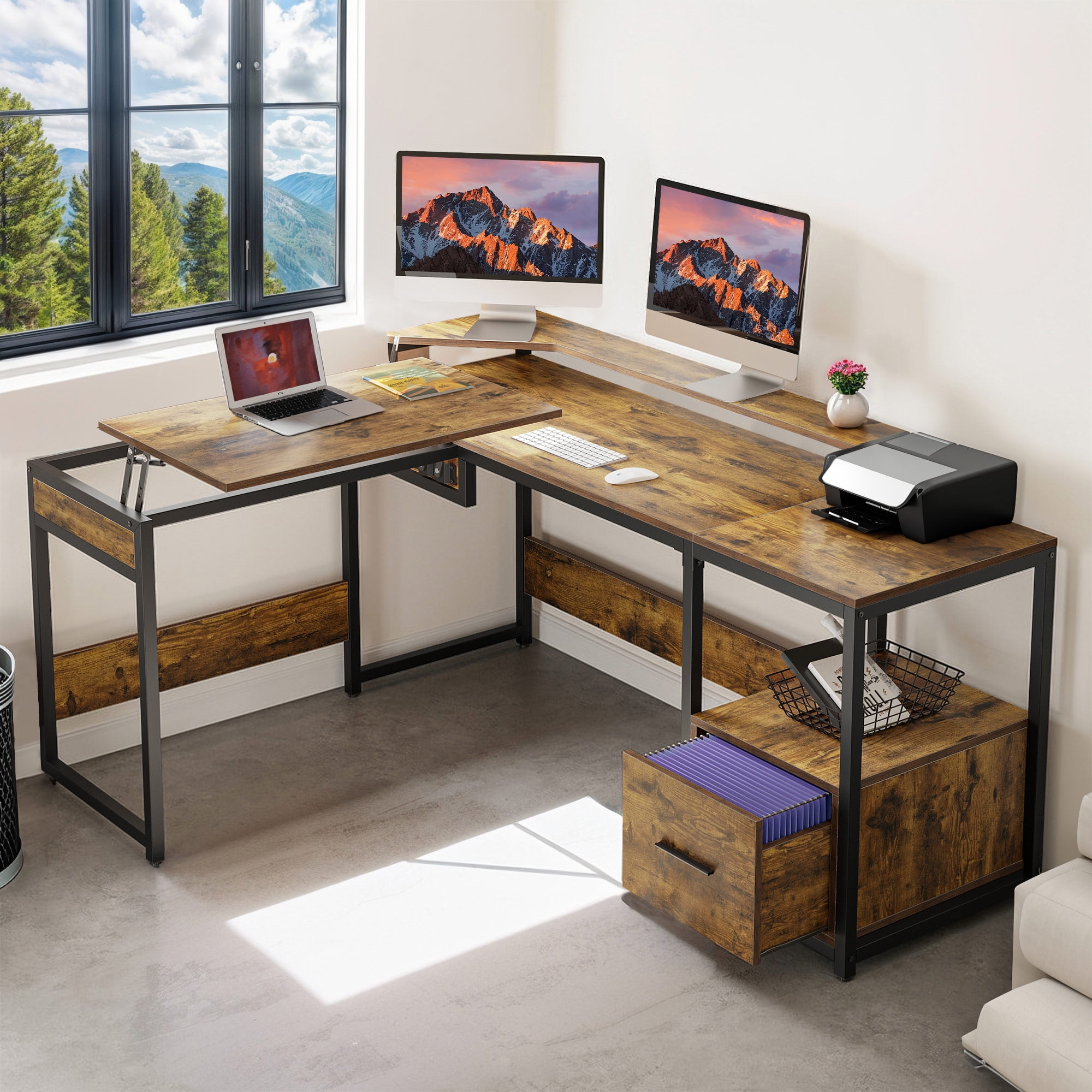 Wooflex 65" L-Shaped Corner Computer Desk with Monitor Stand & File ...