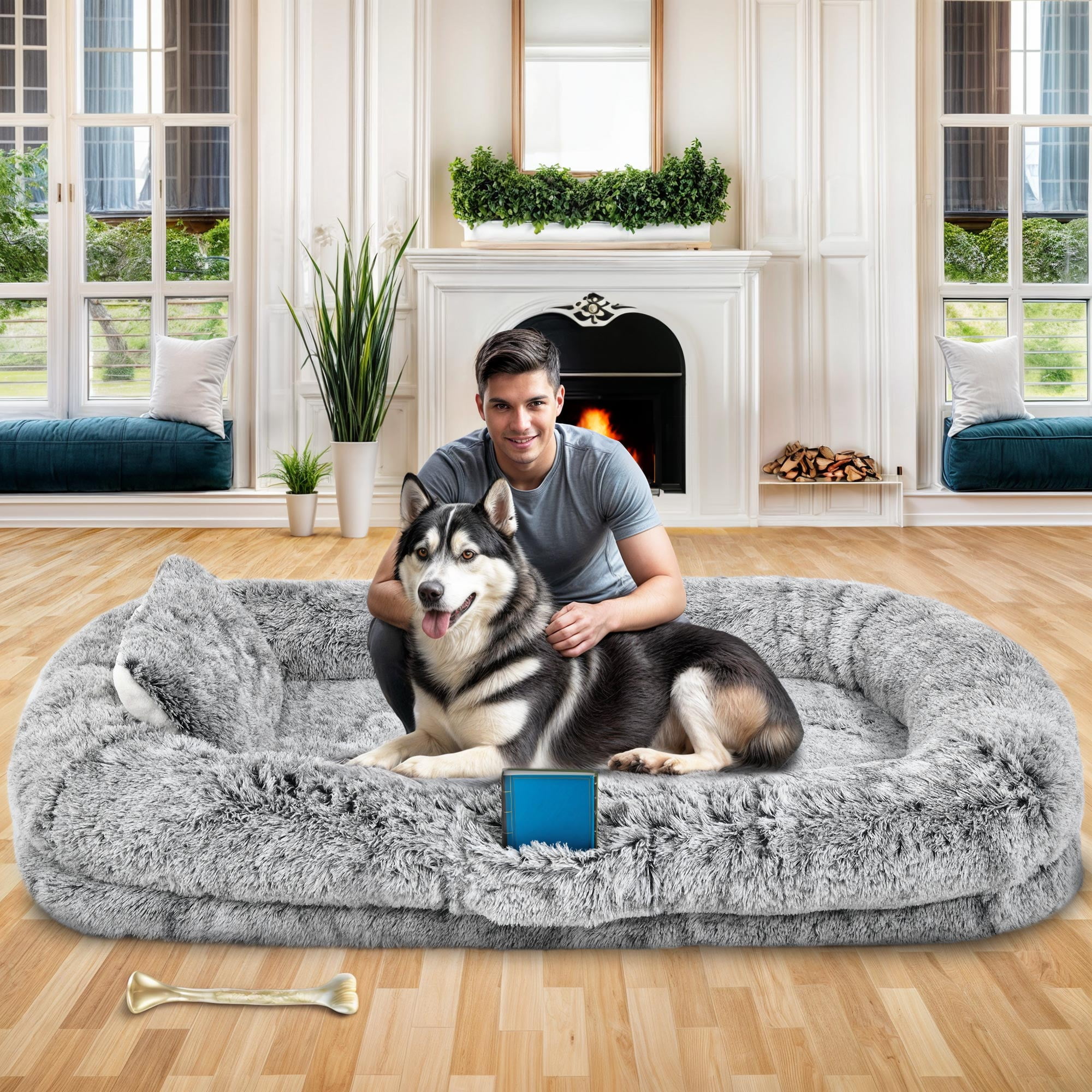 Wooflex Extra-Large Dog Bed with Pillow & Blanket, 78” Washable Faux ...