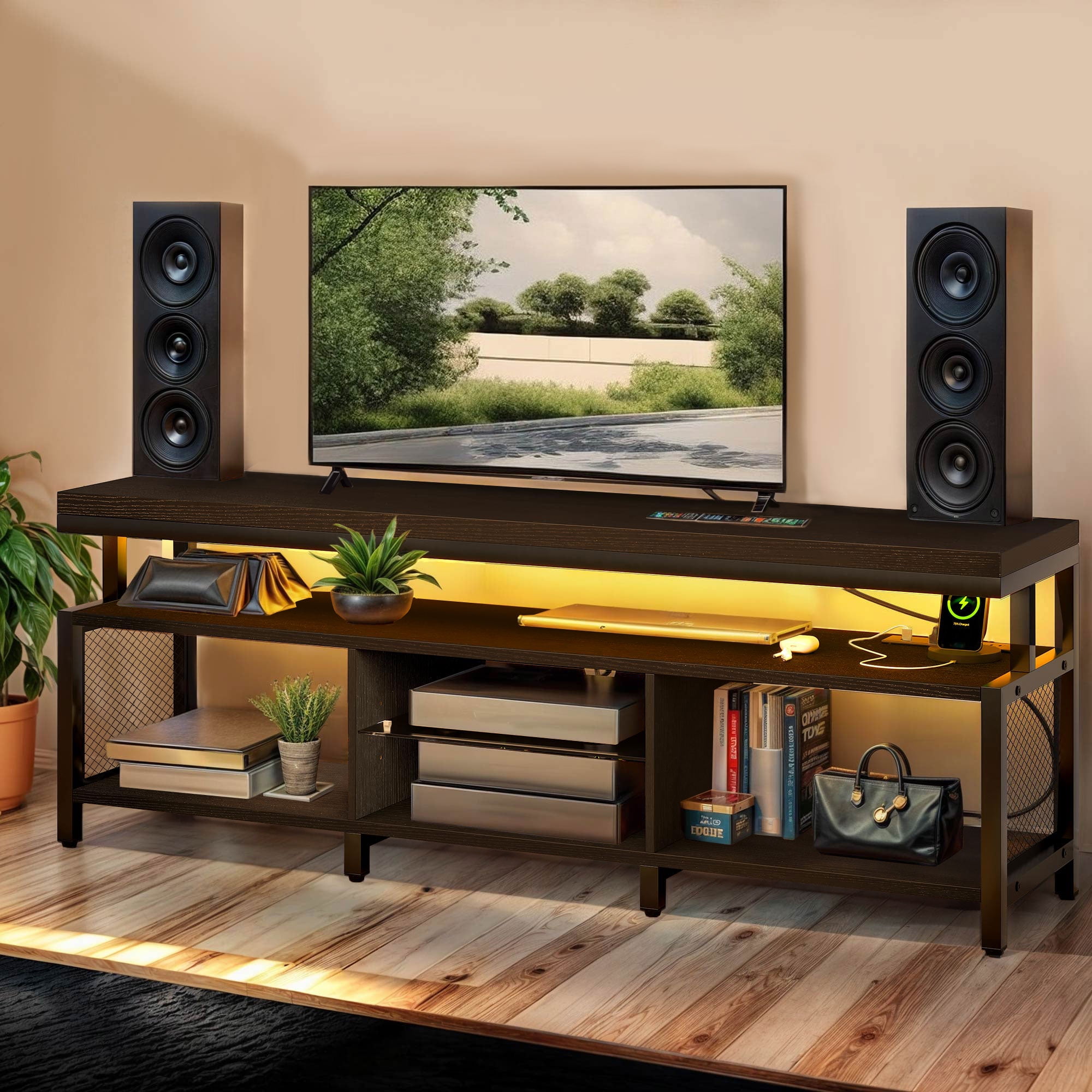 Wooflex Black Rustic TV Stand 70" Screen, Freestanding, Big Storage ...