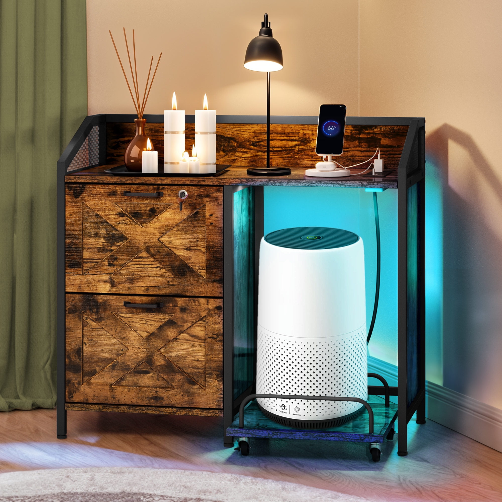 Wooflex Cabinet with 2-File Drawers, Lock, LED Lights, Charging Station ...