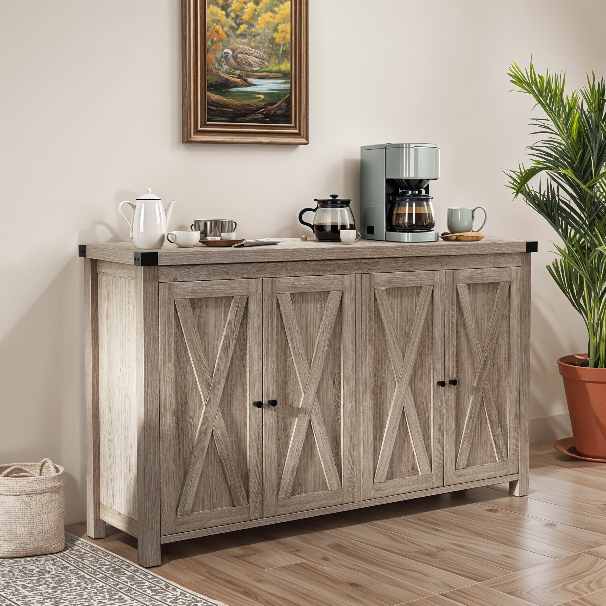 Wooflex Coffee Bar Cabinet with Adjustable Shelves, Magnetic 4 Door ...