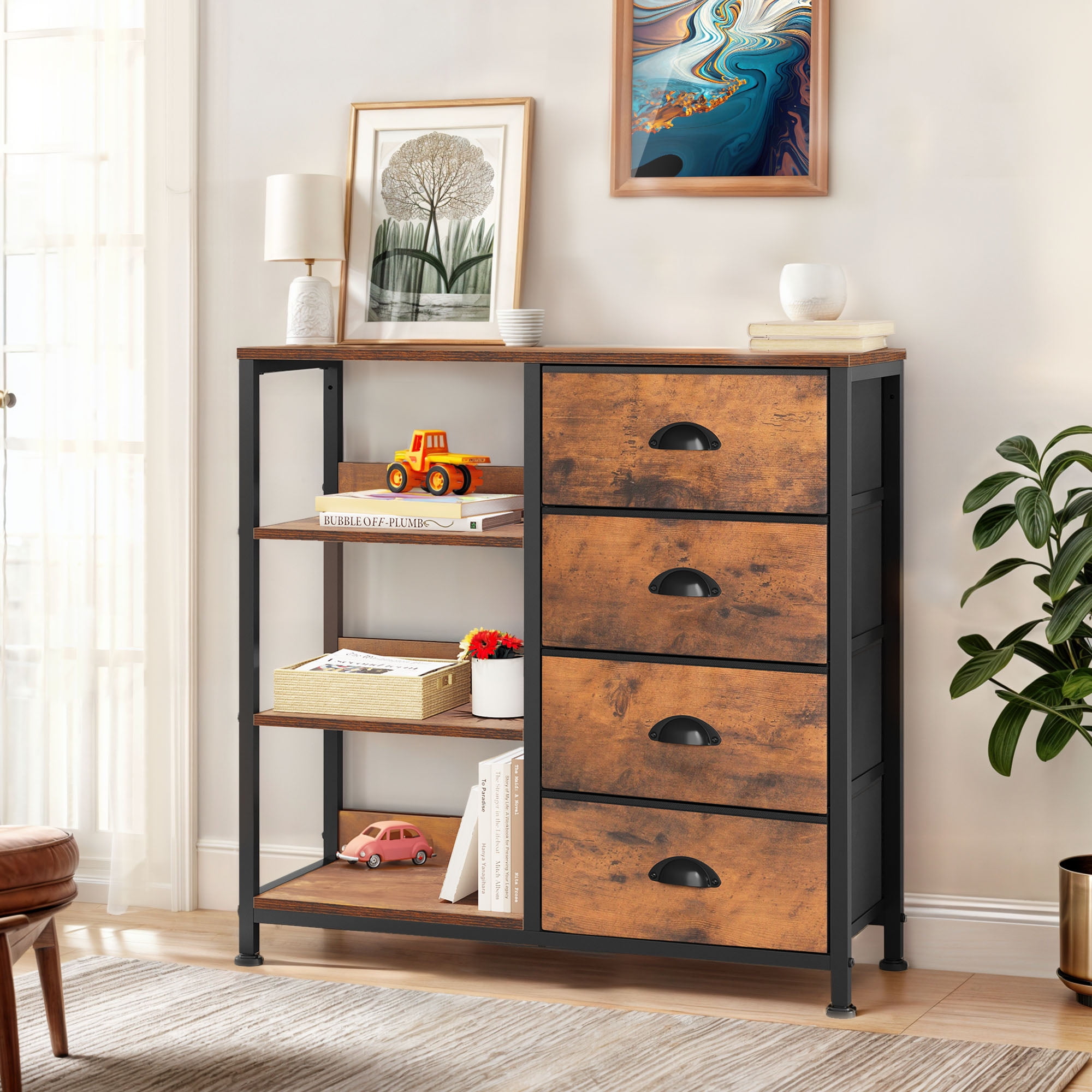 ModFusion Fabric Dresser with 4 Drawers and Side Shelf, Storage ...