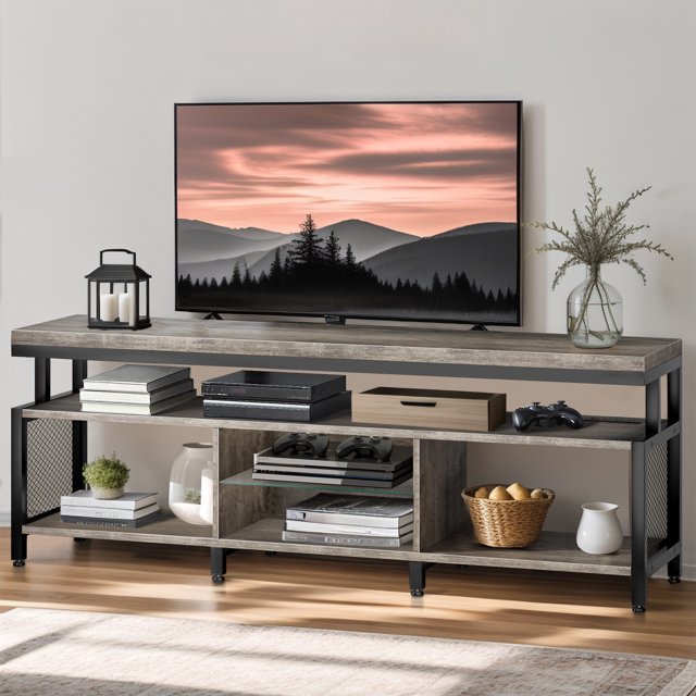 Wooflex Gray Wood TV Stand, 70" Screen, Freestanding, Ample Storage ...