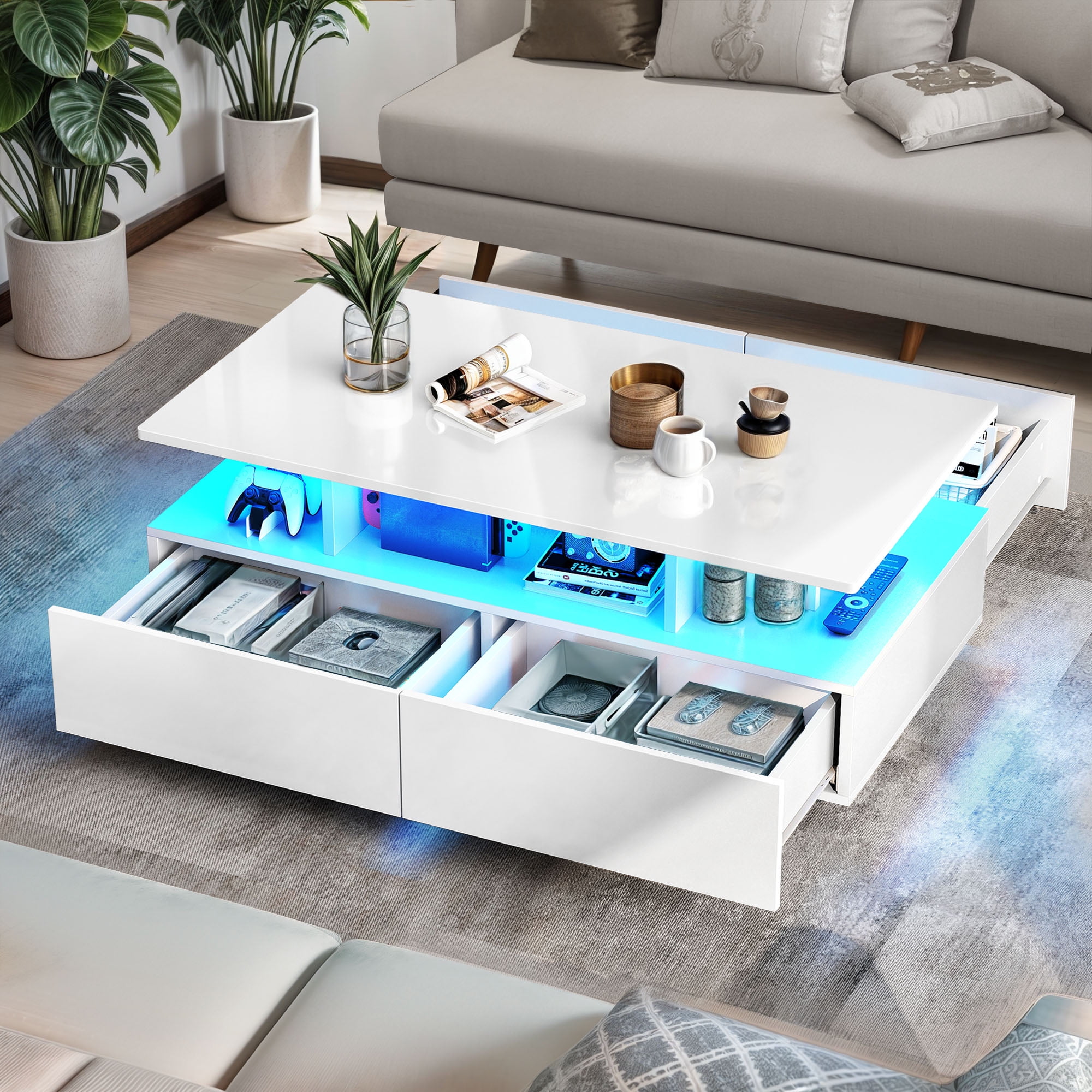 Wooflex Modern Colorful LED Coffee Table, 2-Tier Cocktail Table with ...