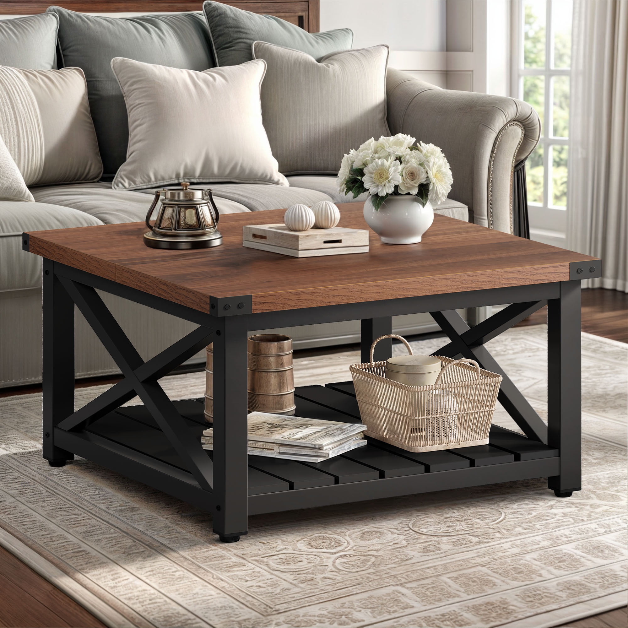Wooflex Modern Farmhouse Coffee Table with Barn Door Style, Wooden Top ...