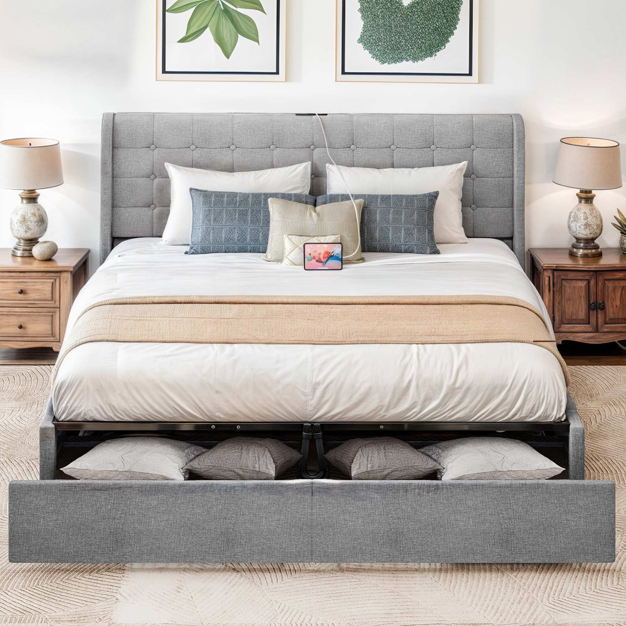 Wooflex – Modern King Size Platform Bed with Lift Up Storage, Tufted ...