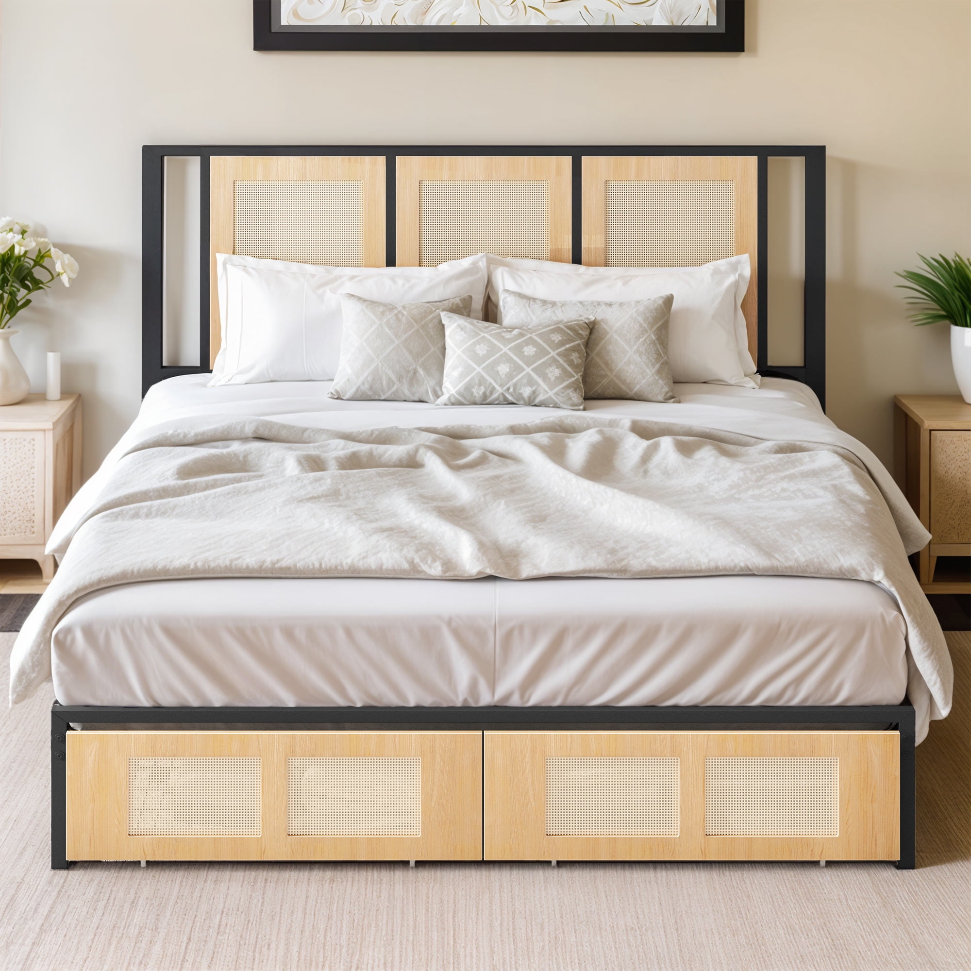 ModFusion - Modern Queen Size Bed Frame with Hand-Woven Rattan Design ...