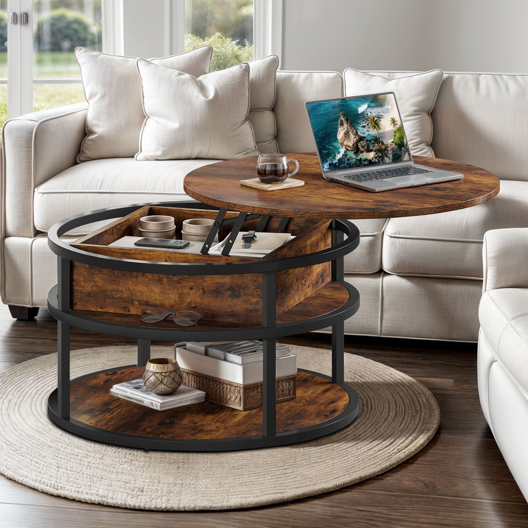 Wooflex Multifunctional 2 Tier Round Lift Top Coffee Table , Circle ...