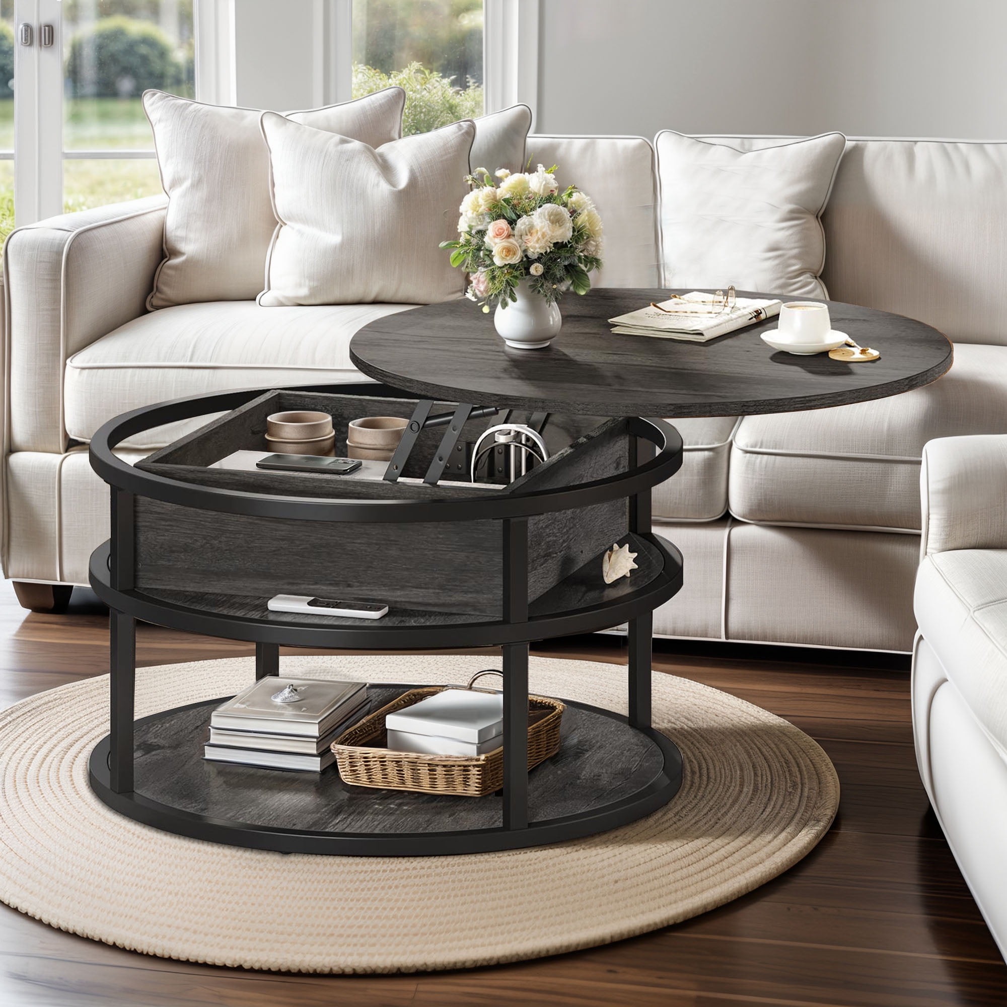Wooflex 2-Tier Round Lift-Top Coffee Table with Hidden Storage & Open ...