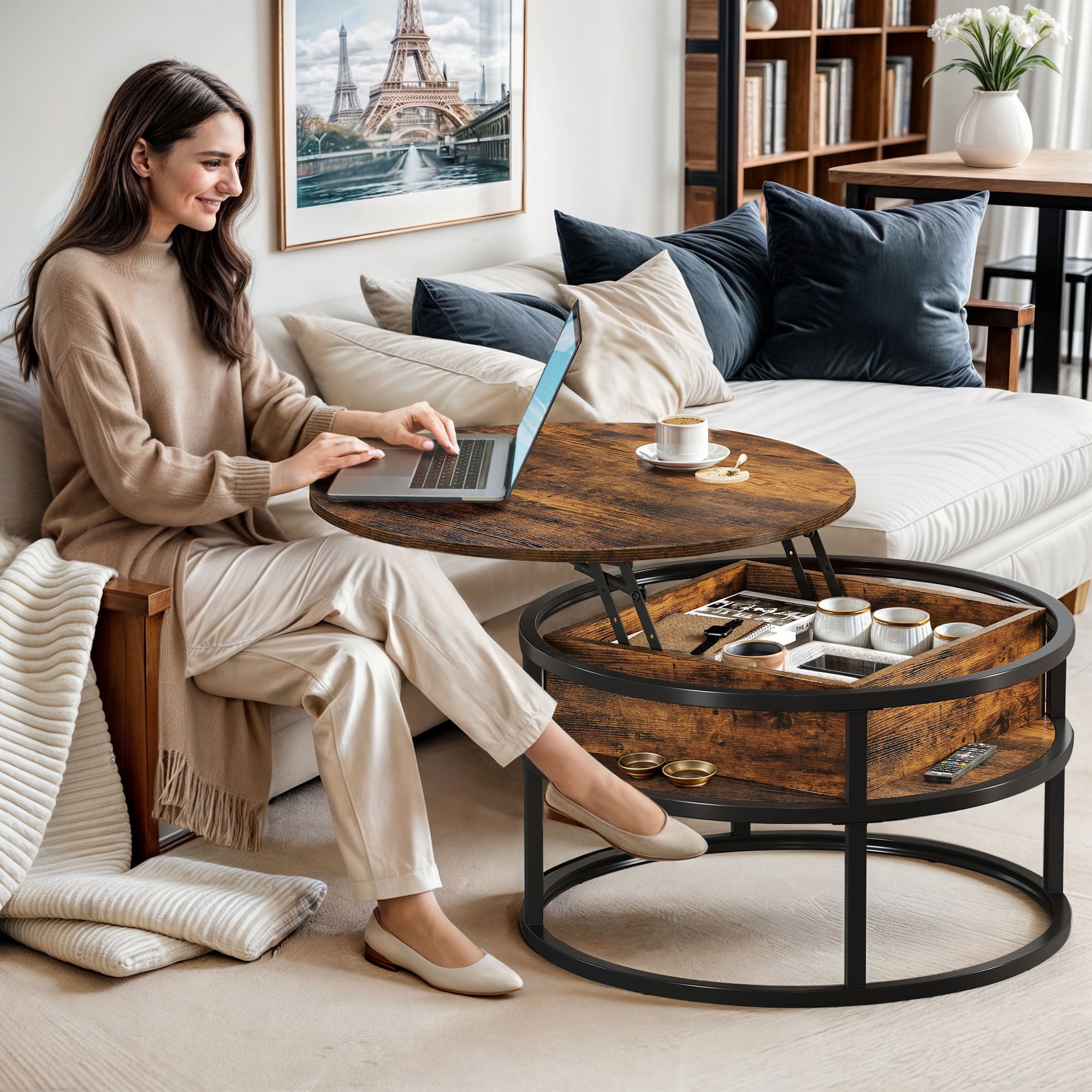 Wooflex Multifunctional Round Wood Lift-Top Coffee Table, Circle Snack ...