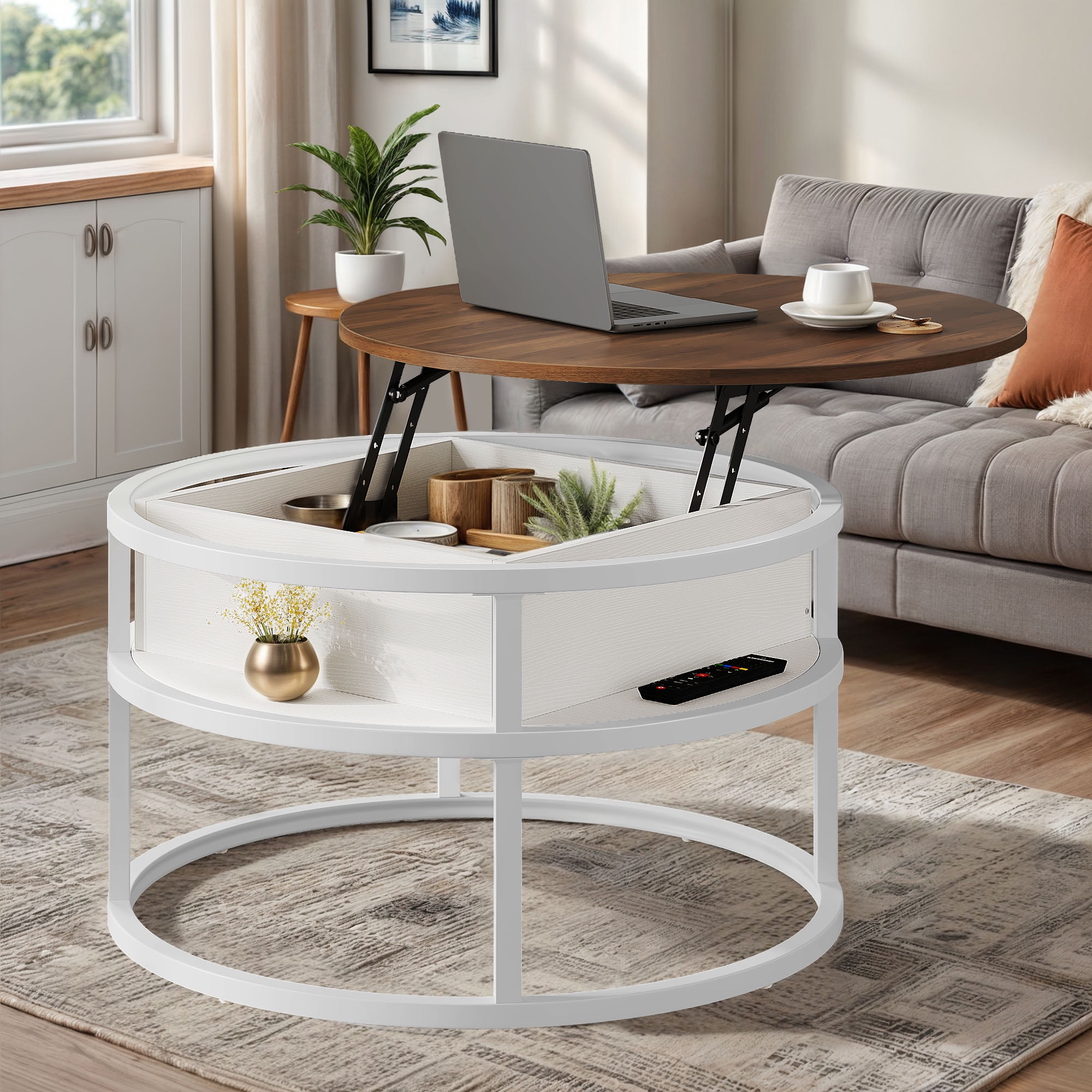 ModFusion Round Wooden Lift Top Coffee Table, Snack Cocktail Center End ...