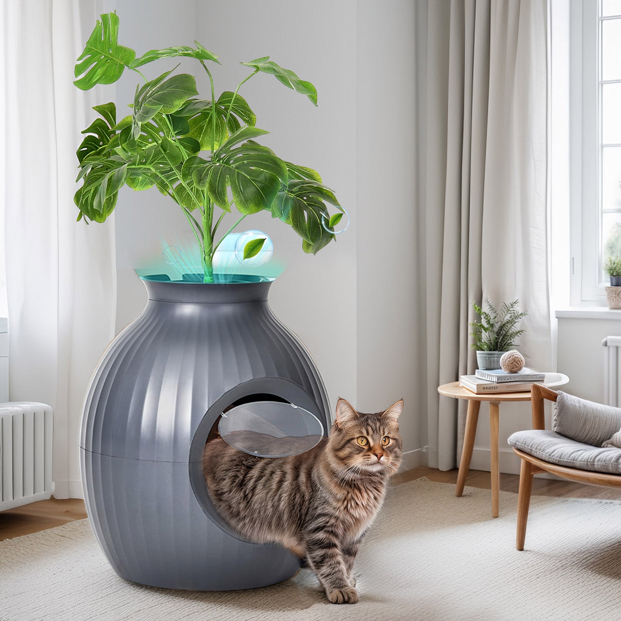 Wooflex Smart Cat Litter Box Planter with Artificial Monstera Plant ...