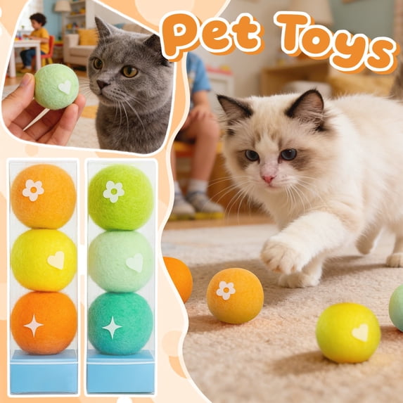 Wool Ball Cat Toys for Indoor Cats, 3-Pack Interactive Chew Proof ...