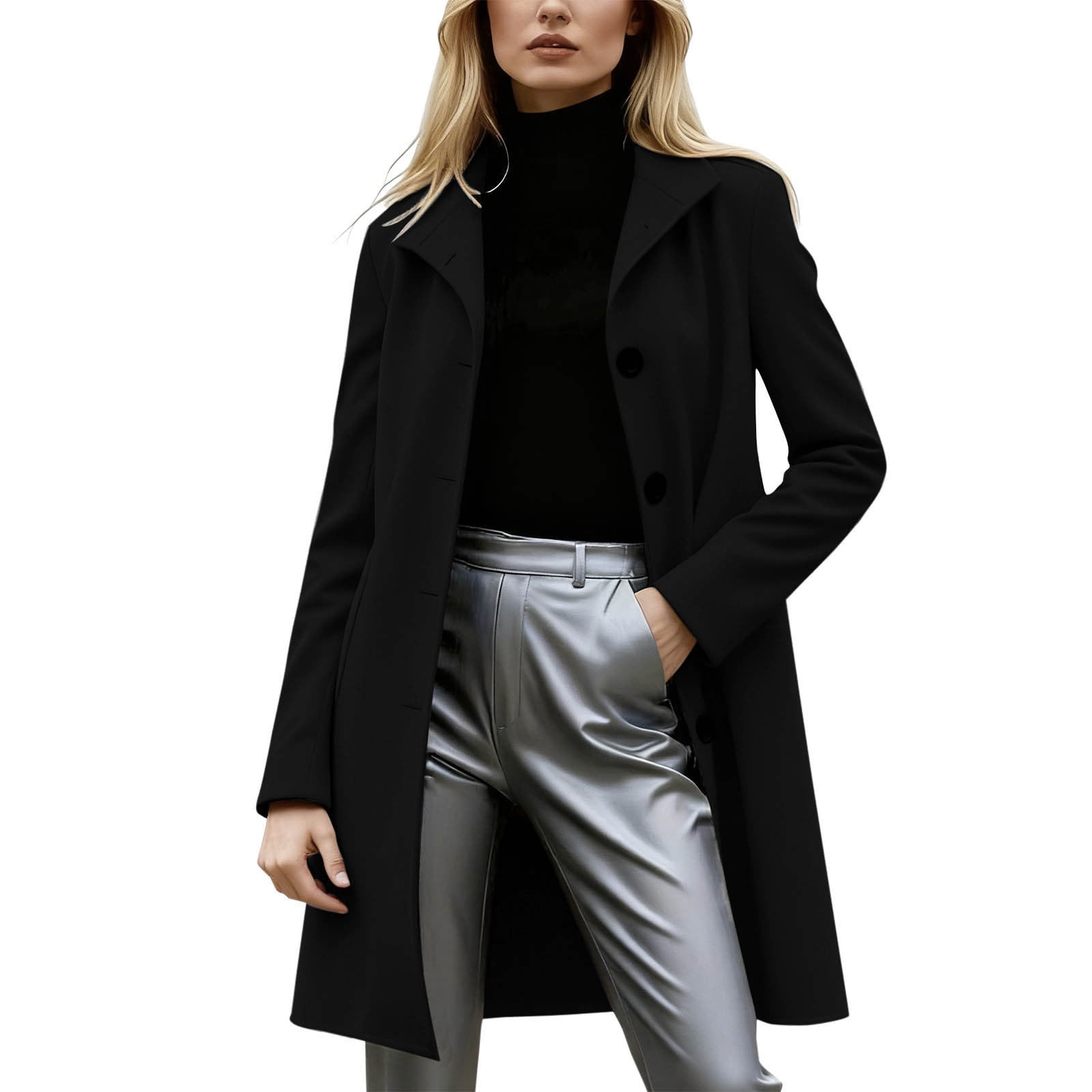 Wool Blend Long Peacoat for Women Single Breasted Notched Collar Trench ...