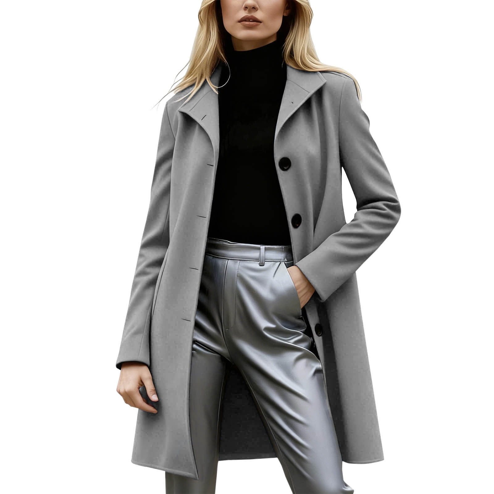 Wool Blend Long Peacoat for Women Single Breasted Notched Collar Trench ...