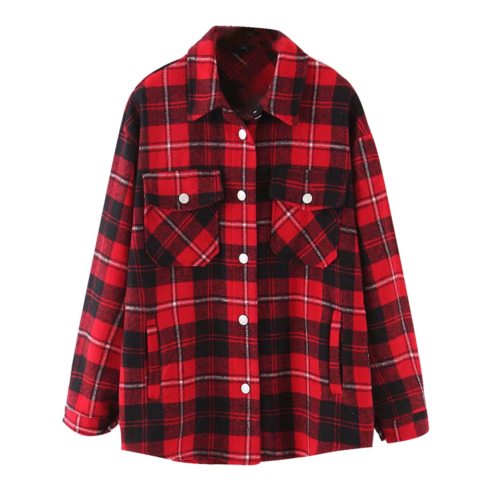 Wool Coats for Women Plaid Shacket Shirt Jacket Lapel Button Down Wool ...