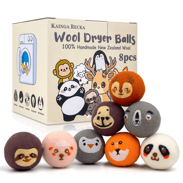 Wool Dryer Balls, 8 Pack Organic Dryer Balls with Cute Animal Pattern ...