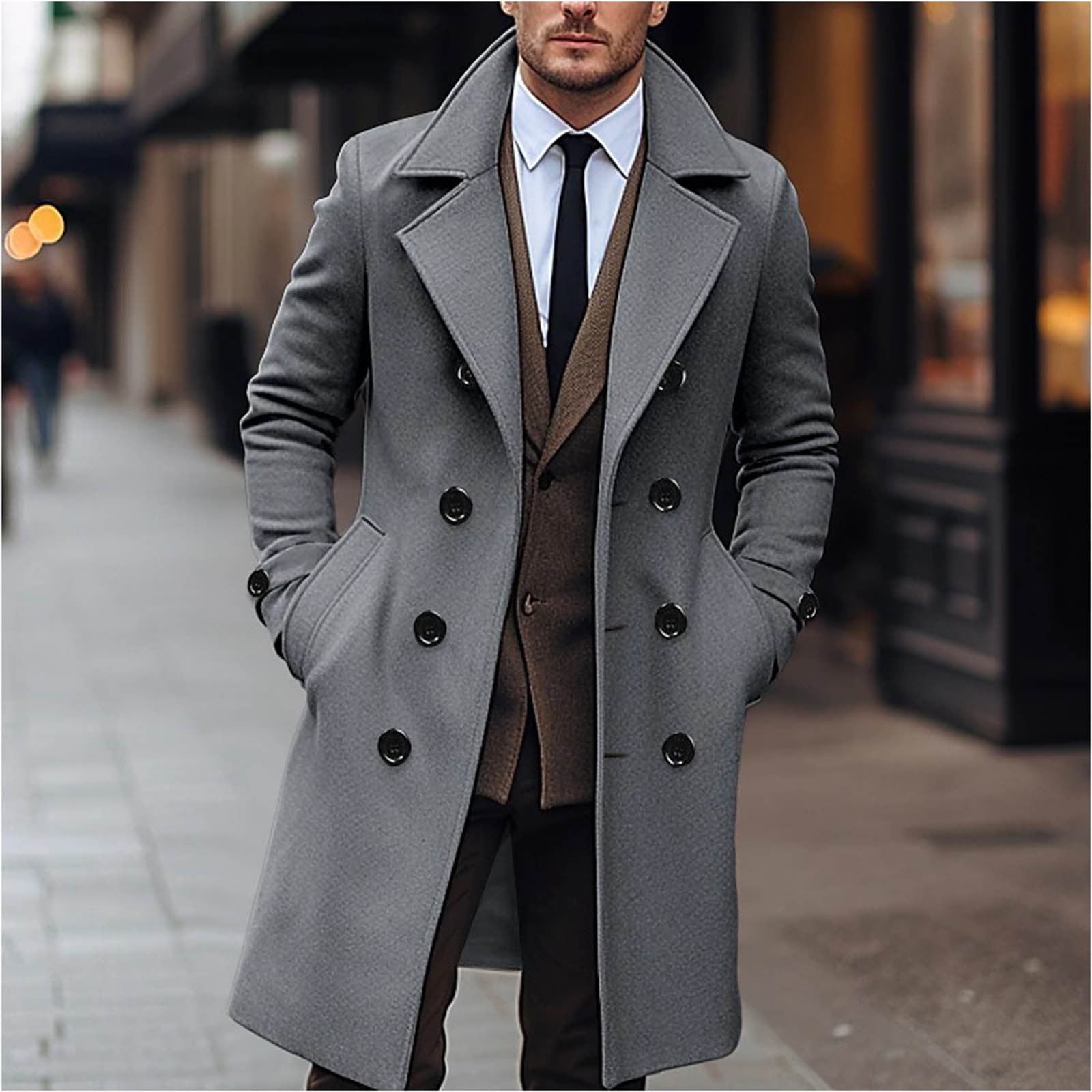 Wool Peacoats for Men Trendy Double-Breasted Long Sleeve Lapel Business ...