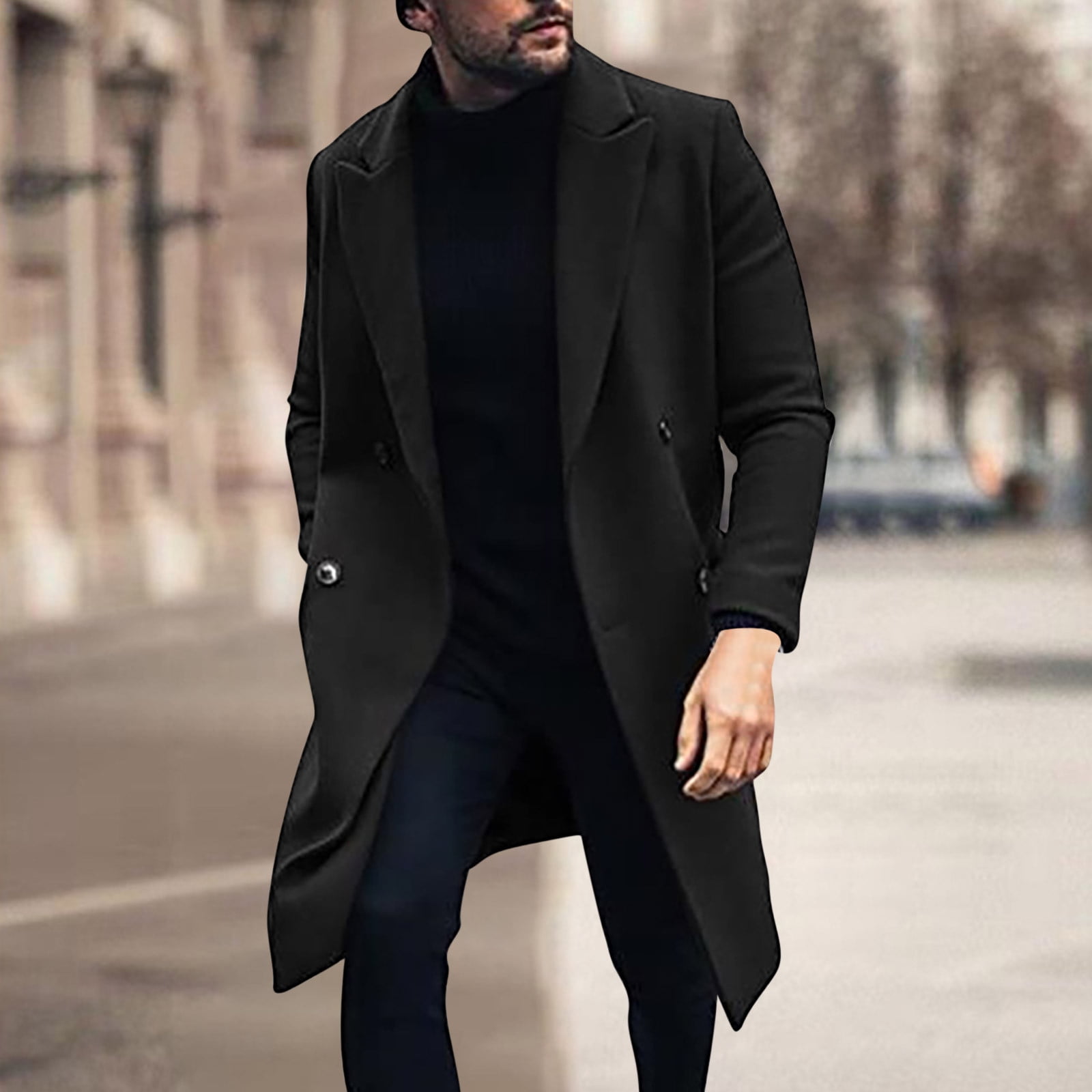 Wool Trench Coat for Men Slim Fit Notched Collar Long Jacket Double ...