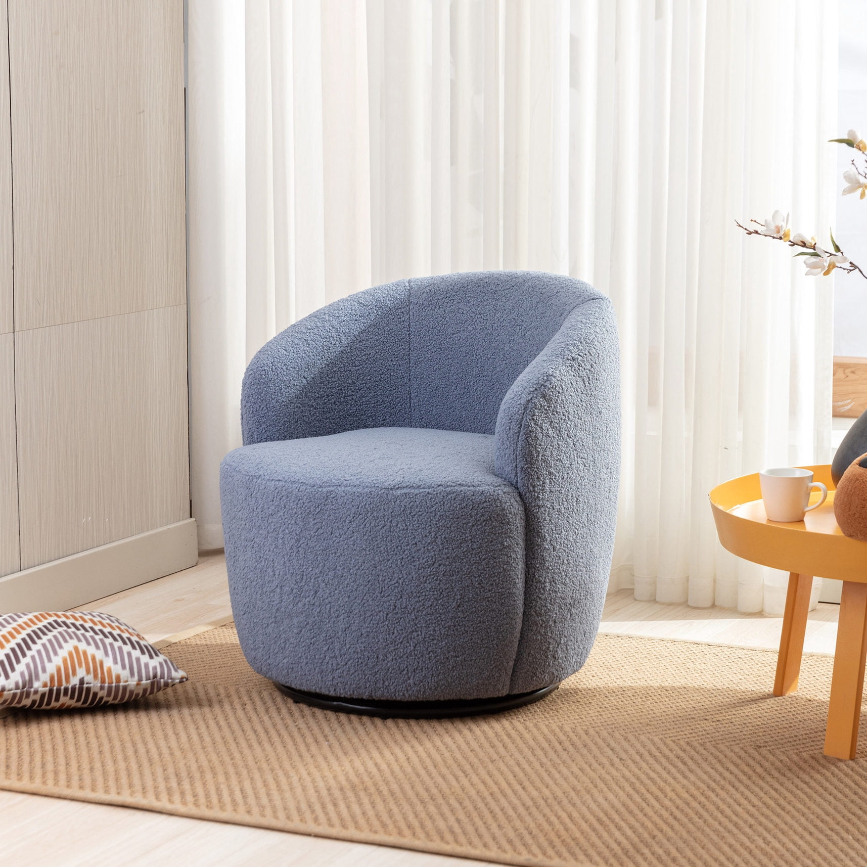 Wool - made light blue swivel accent barrel chair with black metal ring ...