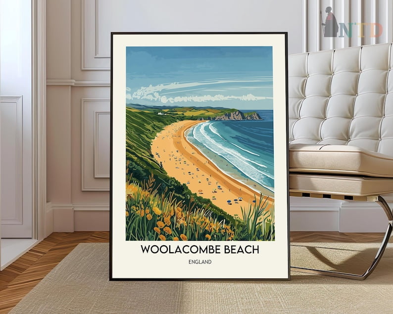 Woolacombe Travel Poster, Devon Poster, UK Coastal Art, Beach Poster ...