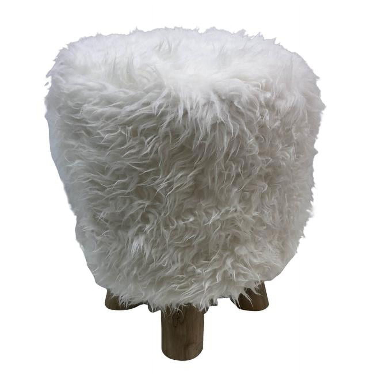 Woolly Faux Pouf Ottoman Stool With Natural Log Feet, Off White ...