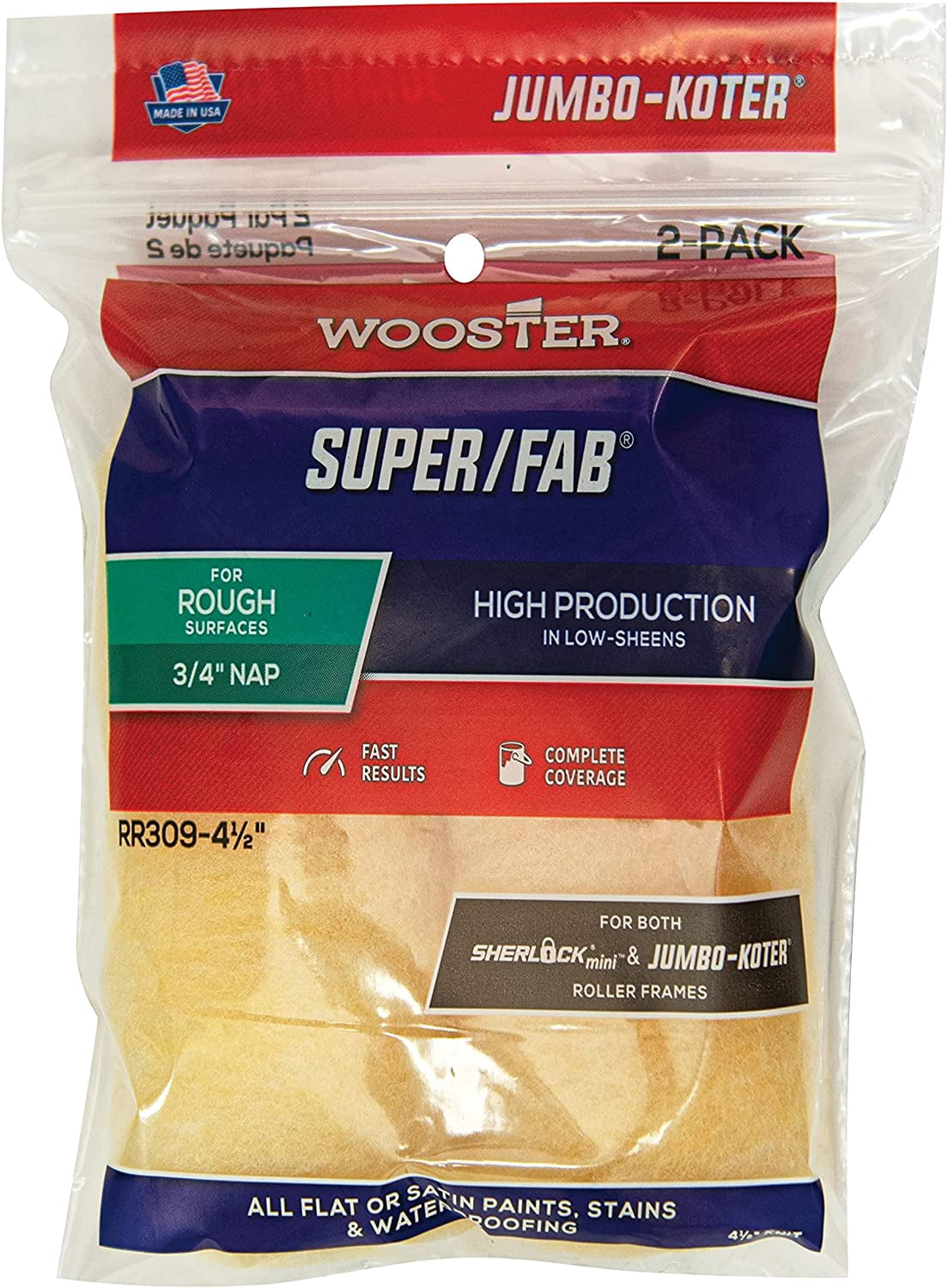 Wooster 4.5" Jumbo-Koter Super/Fab 3/4" Nap 2-Pack Roller Cover # RR309 ...
