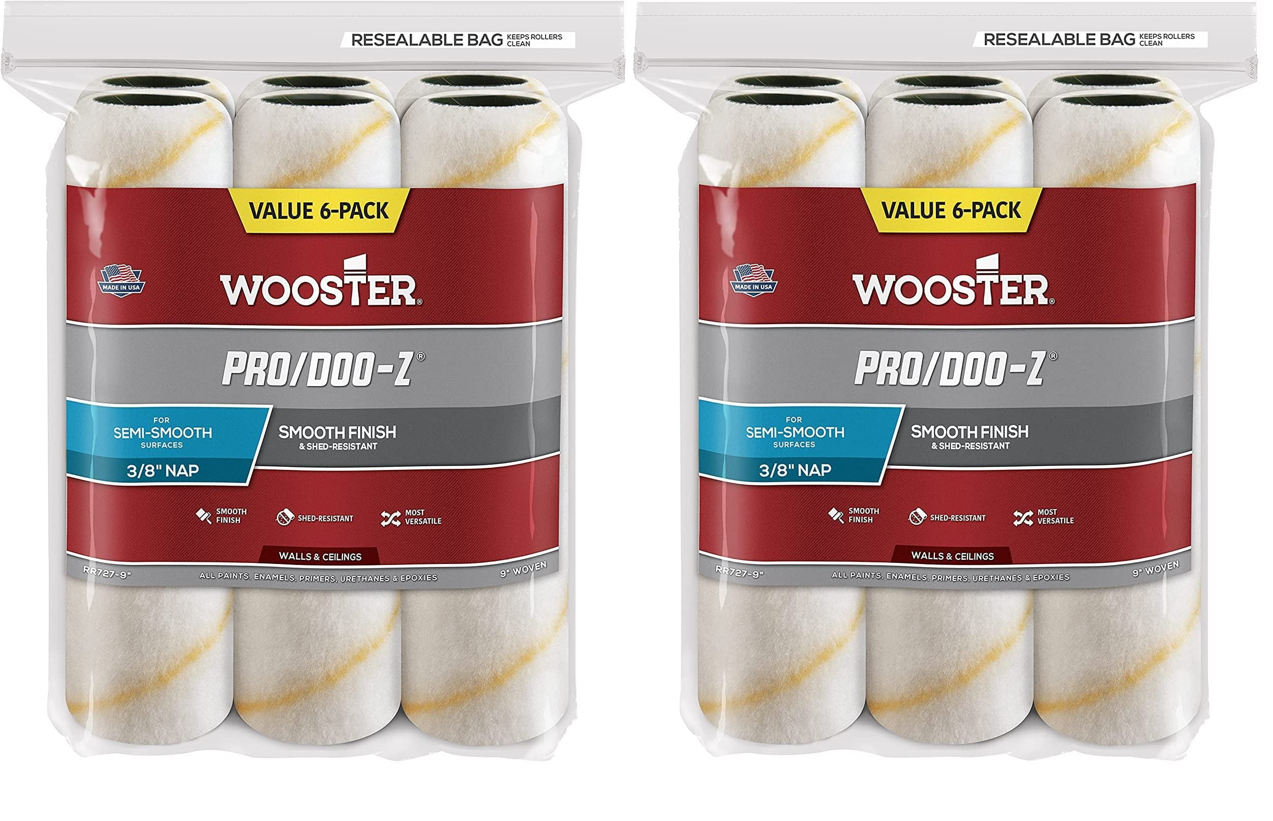 Wooster Brush RR727-9 Pro/Doo-Z Nap Rollers, 3/8-Inch, 6-Pack, White ...