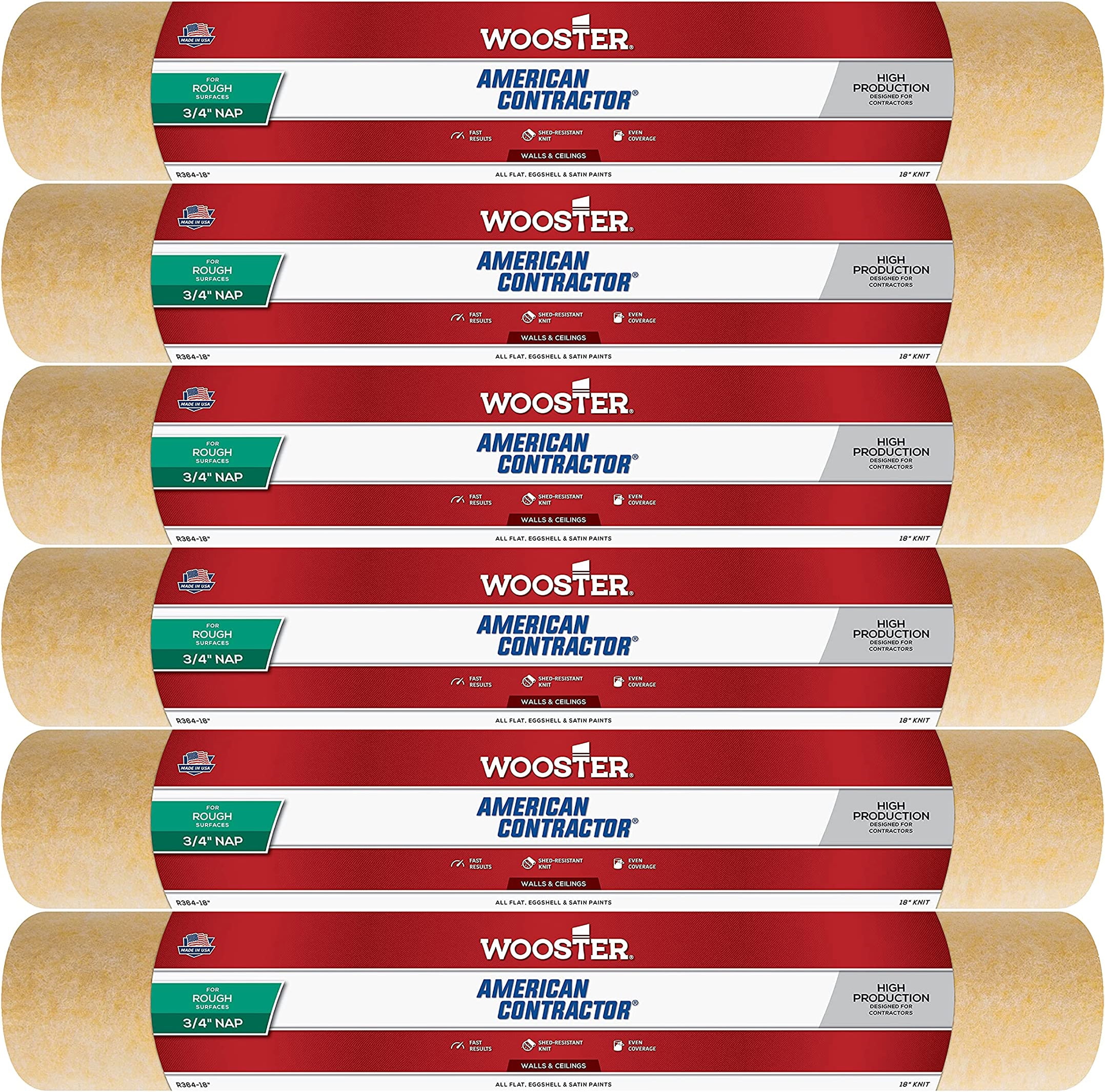 Wooster Genuine 18" American Contractor 3/4" Nap Roller Cover 6 Pack ...