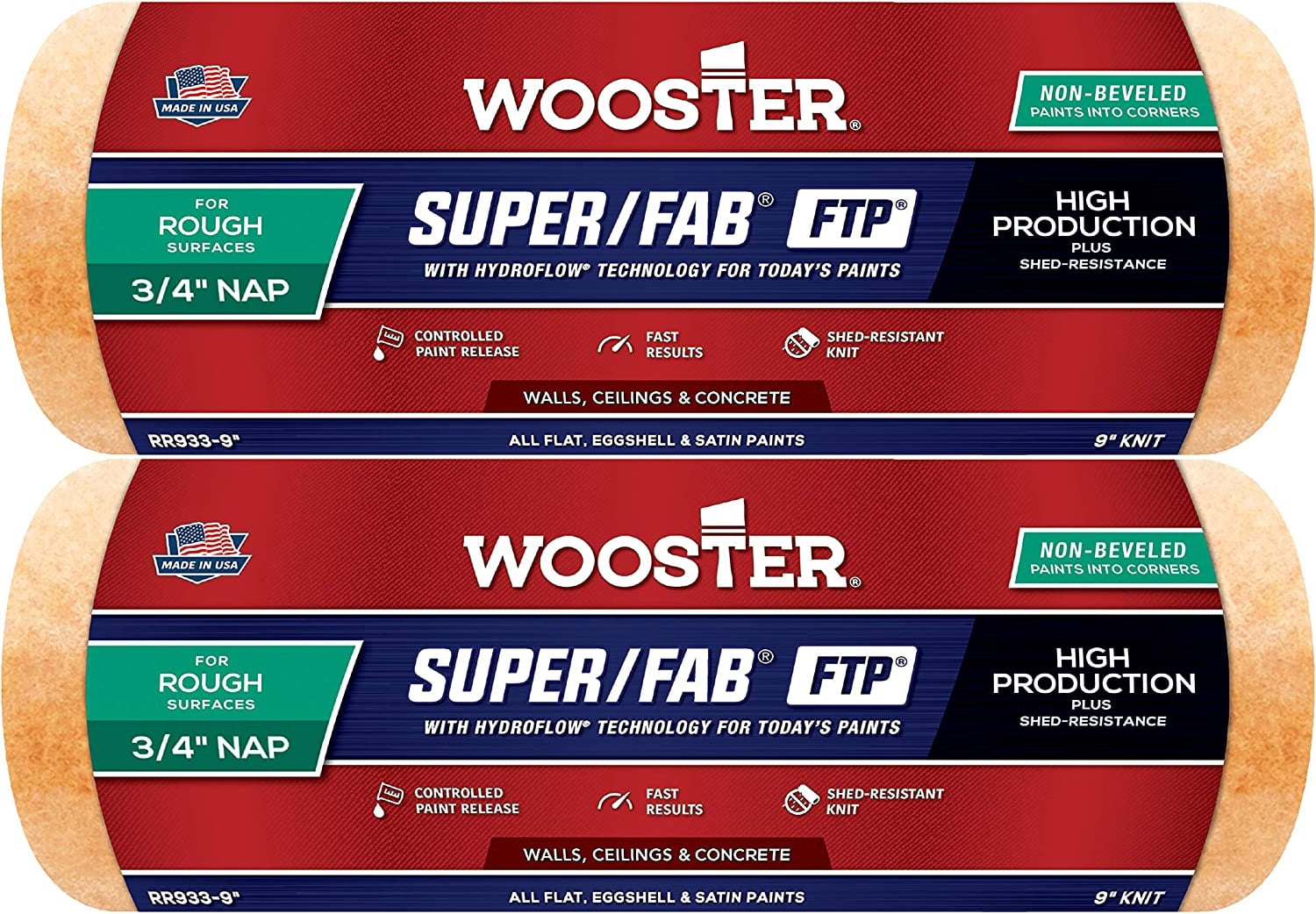 Wooster Genuine 9" Non-Beveled Super/Fab FTP 3/4" Nap Roller Cover 2 ...