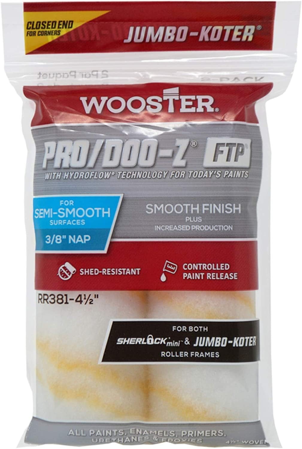 Wooster RR381-4 1/2 Jumbo-Koter Pro/Doo-Z FTP 3/8" Paint Rollers, White ...