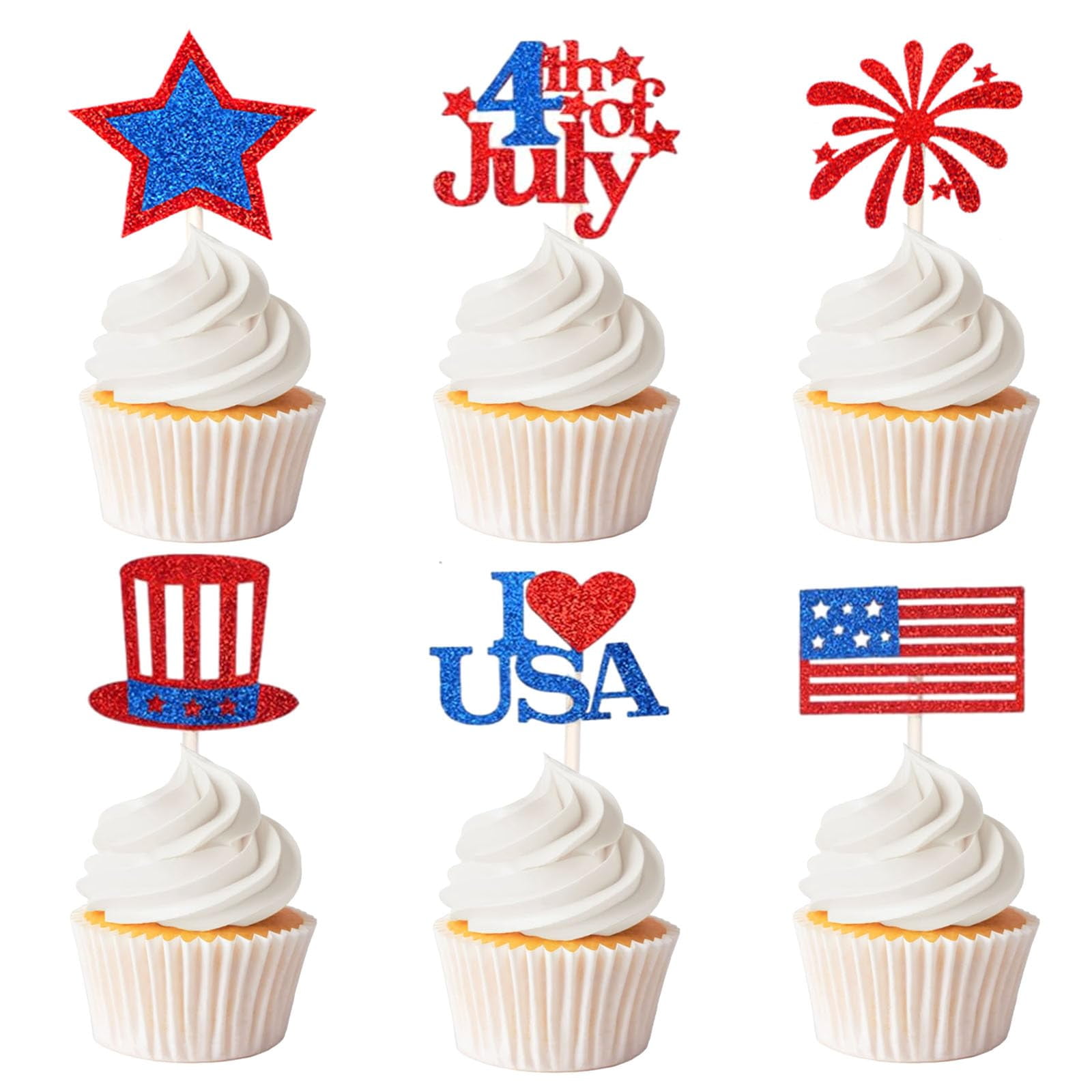 Wootkey 24pcs HappyTRDN 4th of July Glitter American Flag Cupcake ...