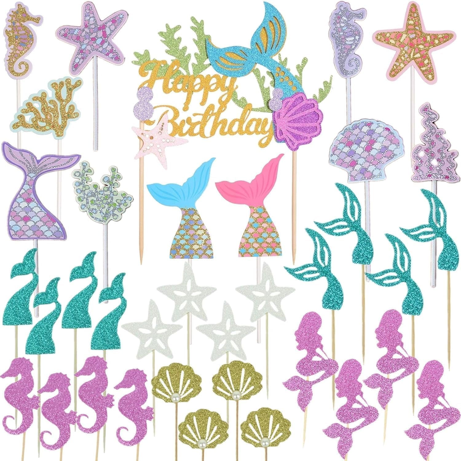 Wootkey 36 pcs TWE5 Glitter Mermaid Cupcake Toppers Mermaid Cake Topper ...