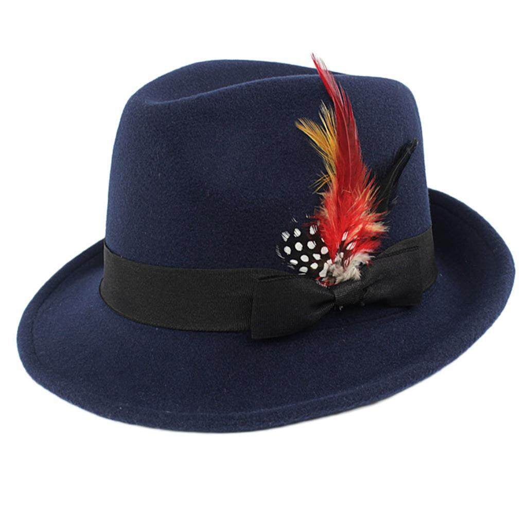 Worallymy Men Fedora Hat Wool Felt Crushable Handmade Bowknot Feather ...