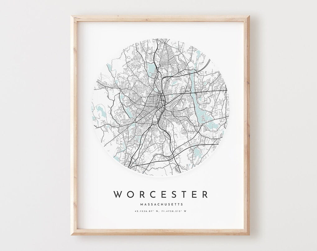 Worcester Map Print, Worcester Map Poster City Wall Art, Ma Road Map, Massachusetts Print Street ...