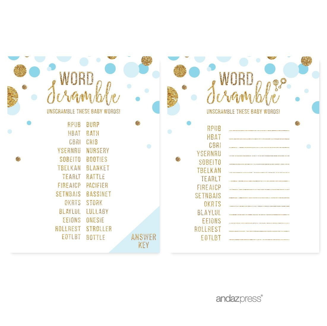 Word Scramble Game Baby Blue Gold Glitter Baby Shower Games, 20-Pack ...