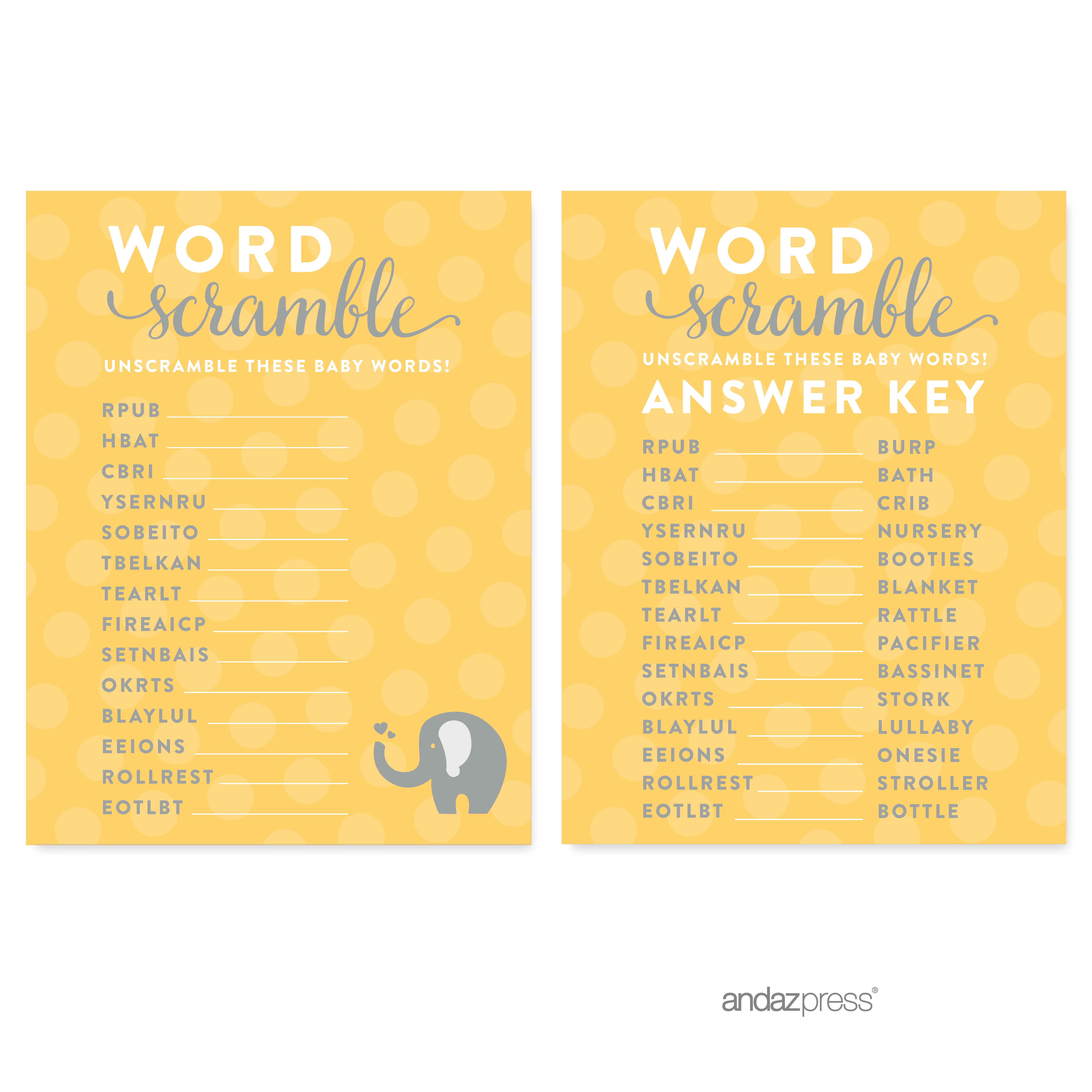 Word Scramble Yellow Gender Neutral Elephant Baby Shower Games, 20-Pack ...