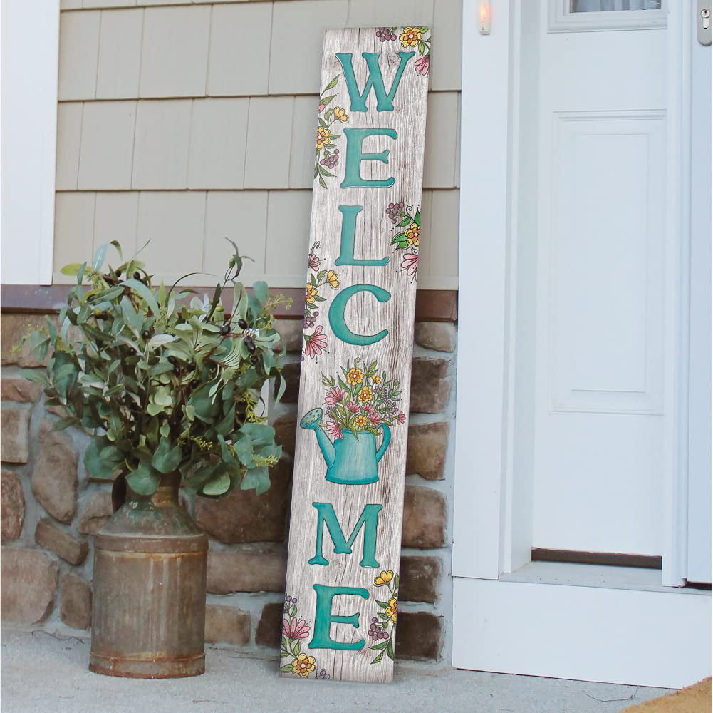 My Word! Welcome Teal Flowers & Watercan Porch Board Welcome Sign and ...