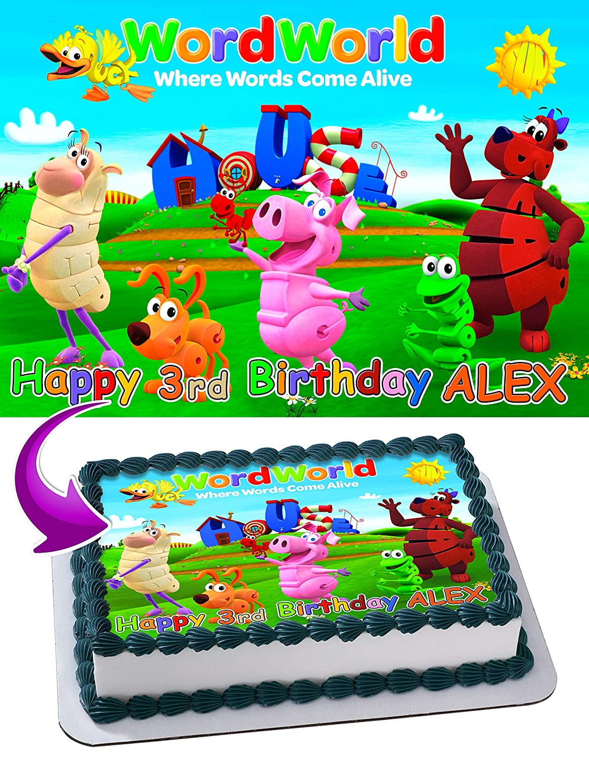 WordWorld Edible Cake Image Topper Personalized Picture 1/4 Sheet (8 ...