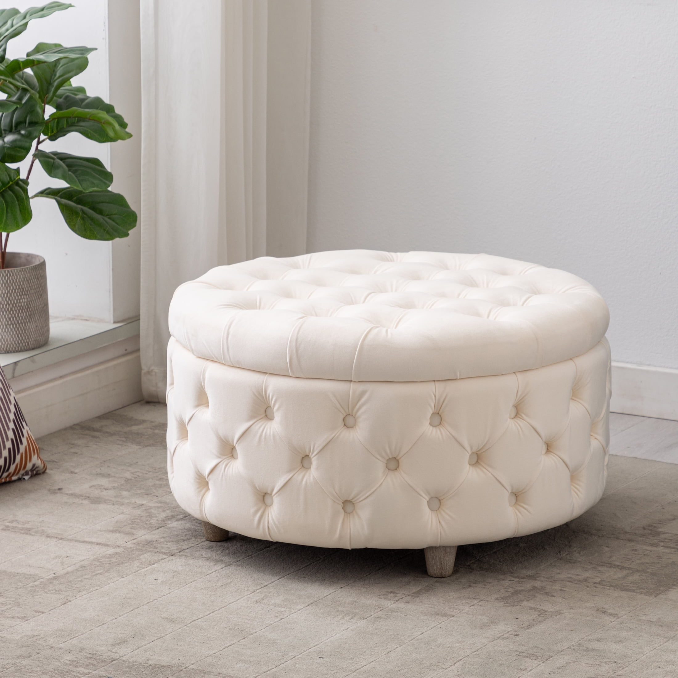 Wordford Upholstered Velvet Cream Ottoman for Living Room with Round ...