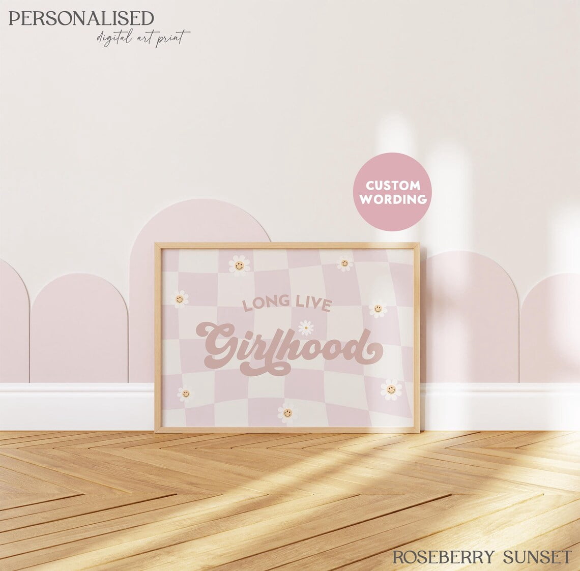 Any Wording Pink Checkered Daisy Art Print, Retro Pink Checkerboard ...